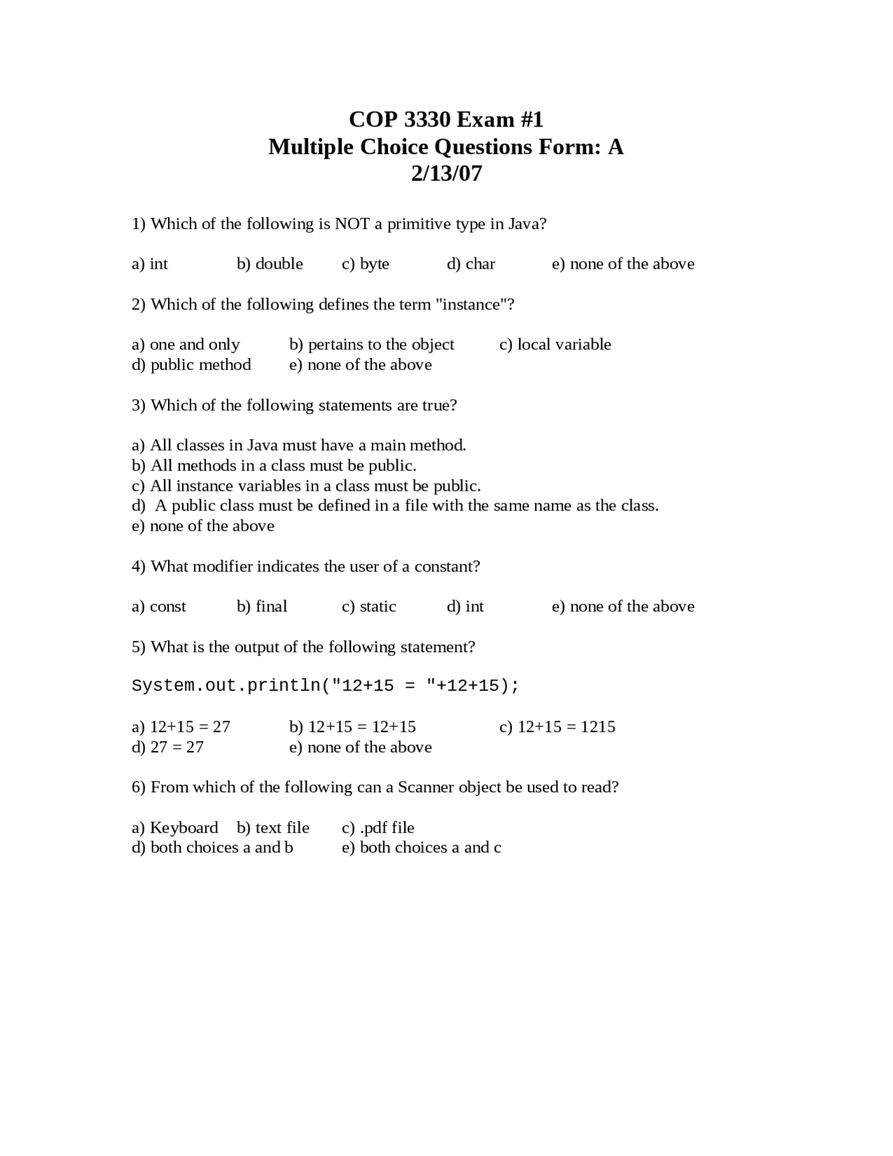 Exam 1 Multiple Choice Questions Object Oriented Programming Cop 3330 Docsity