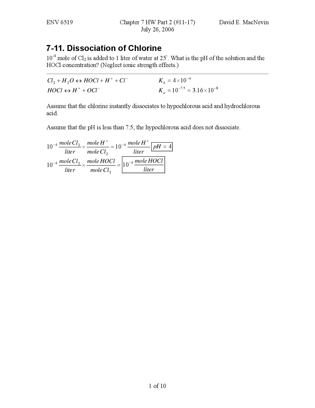 Homework Part Ii Aquatic Chemical Processes Env 6519 Docsity