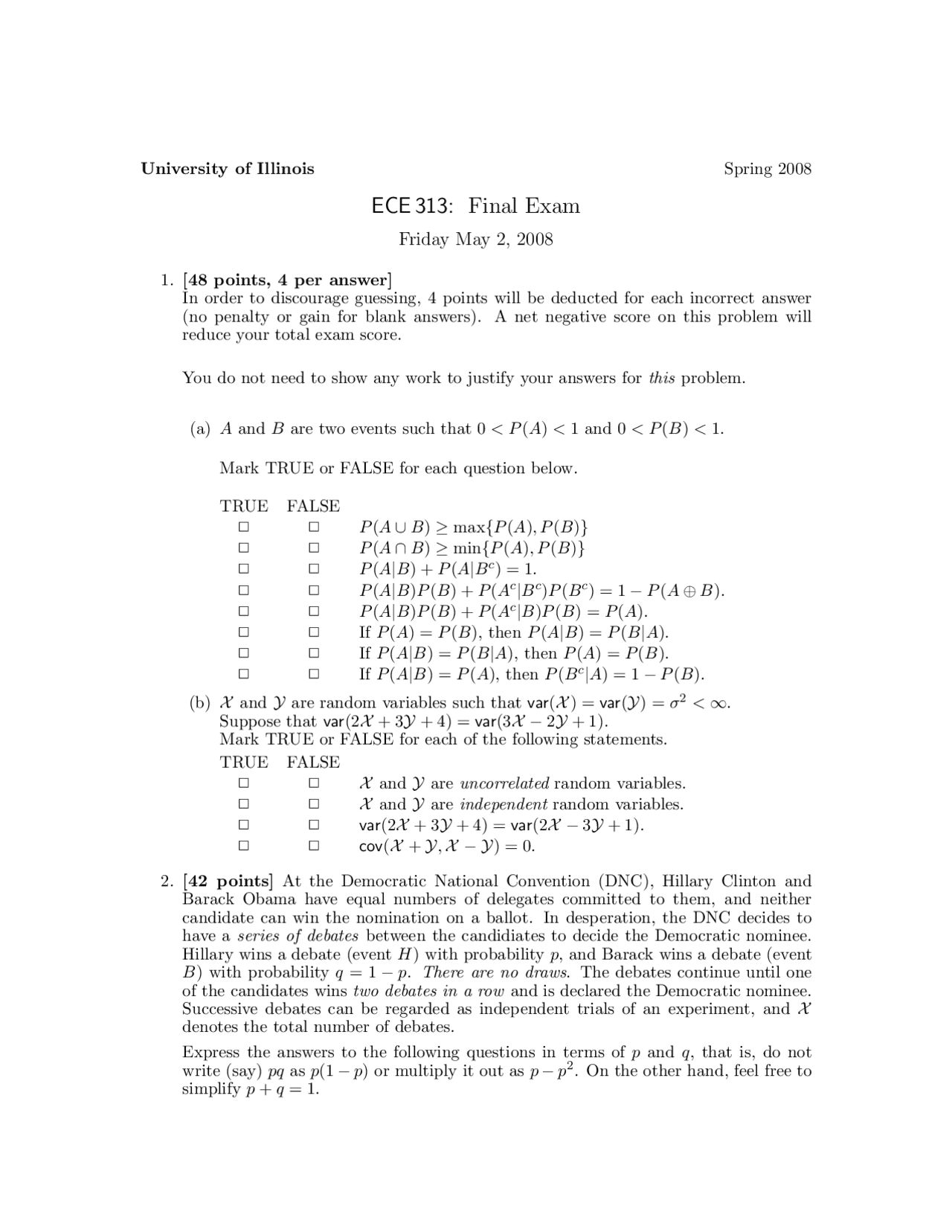 Sample Final Exam - Probability with Engineering Applications | ECE 313 ...