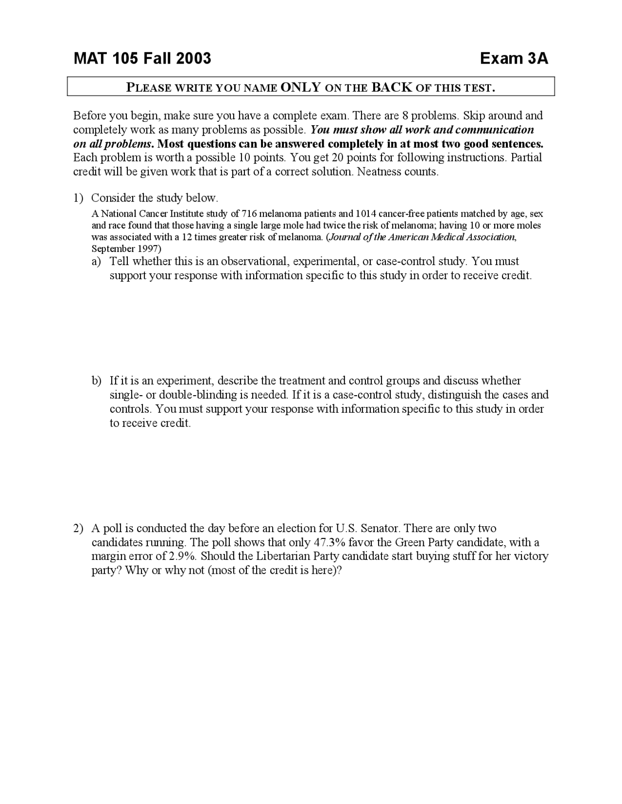 8 Solved Problems On Experimental Observation Exam 3 Mat 105 Docsity
