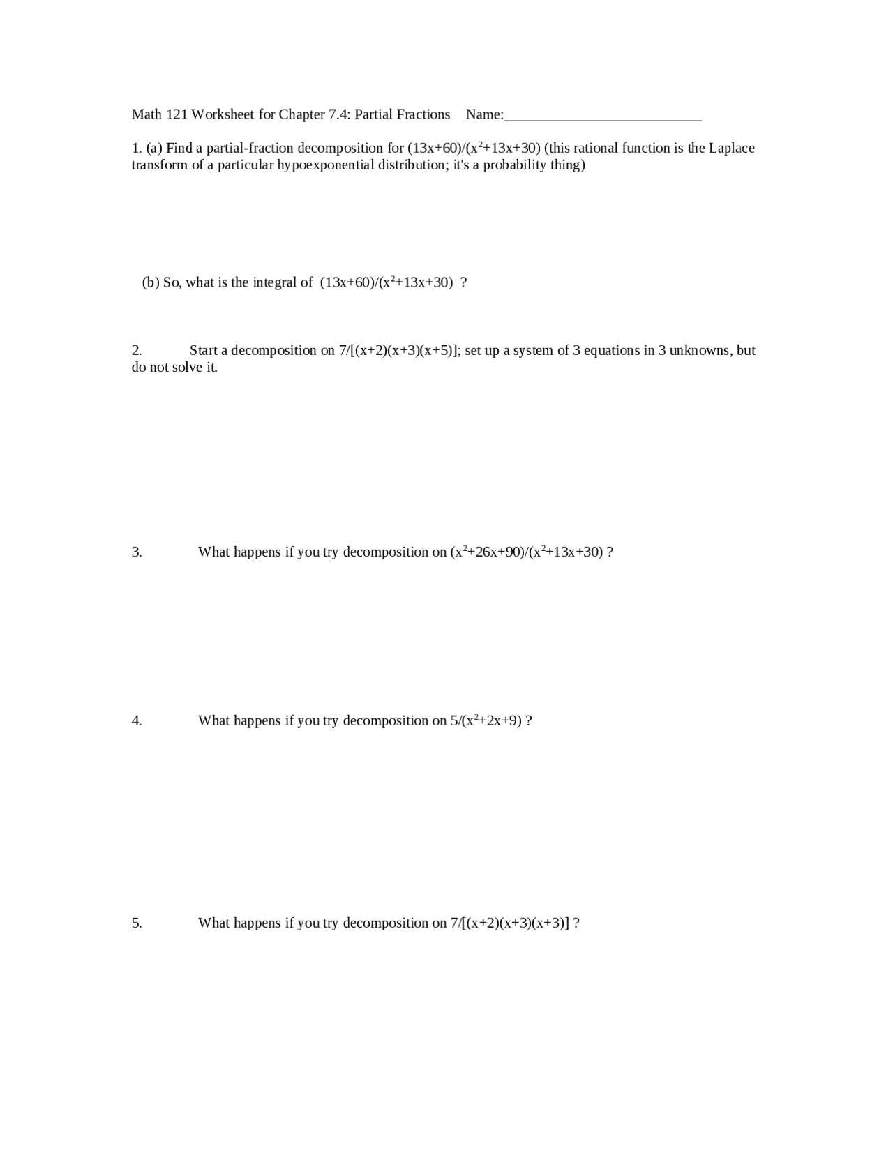 Partial Fractions Assignment Calculus Ii Math 121 Docsity