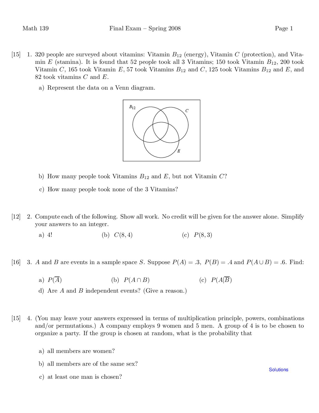 Final Exam With Solution Finite Mathematics Math 139 Docsity