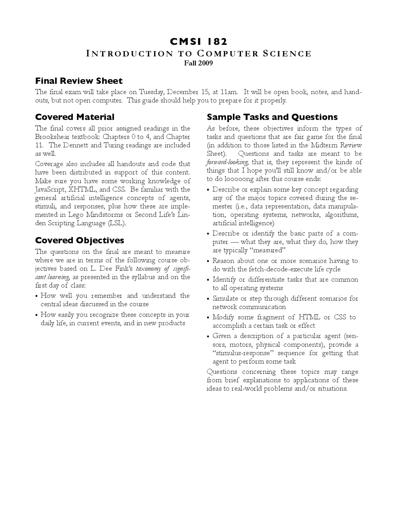 Final Review Sheet for Introduction to Computer Science | CMSI 182 | Exams Computer Science ...