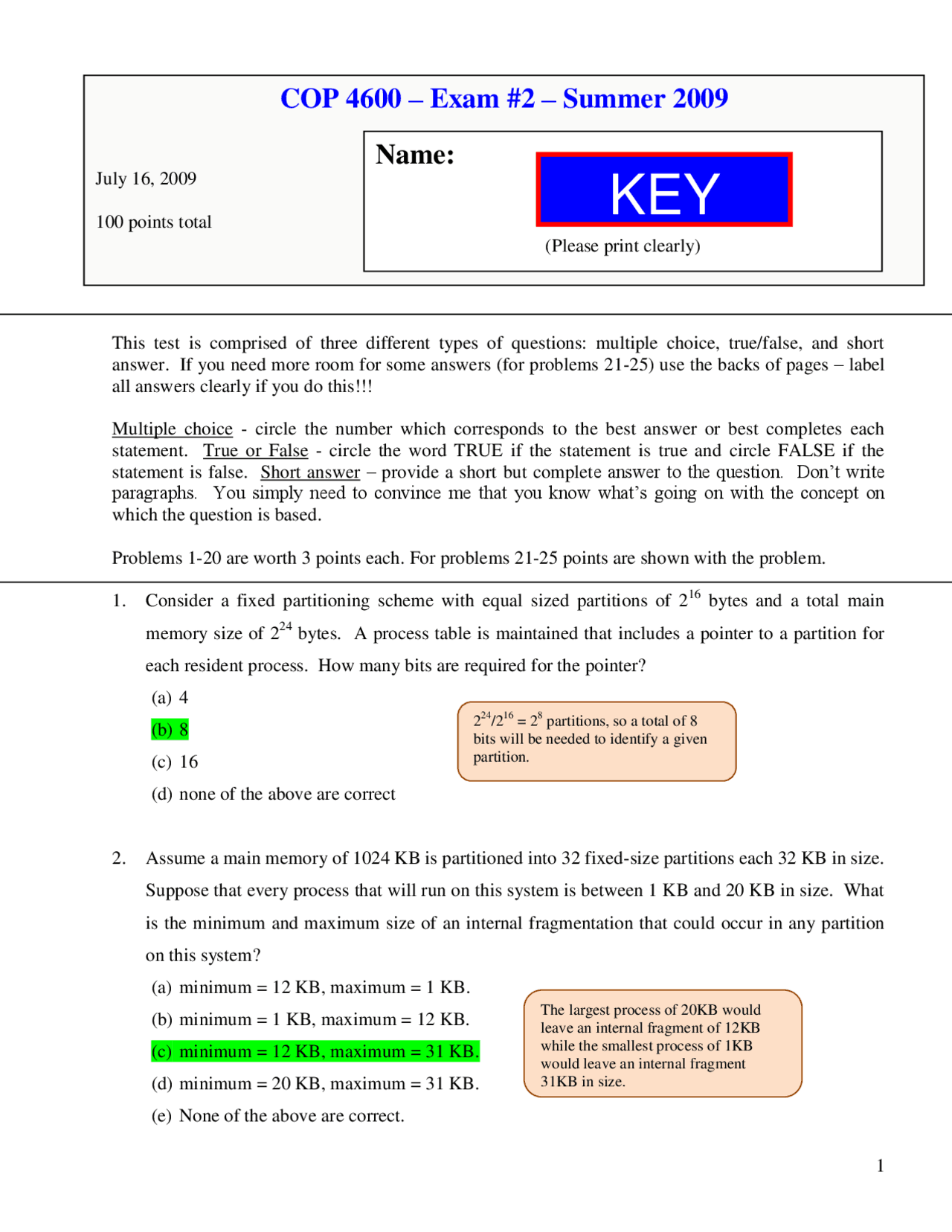 Exam 2 Questions With Answers Operating Systems Cop 4600 Docsity