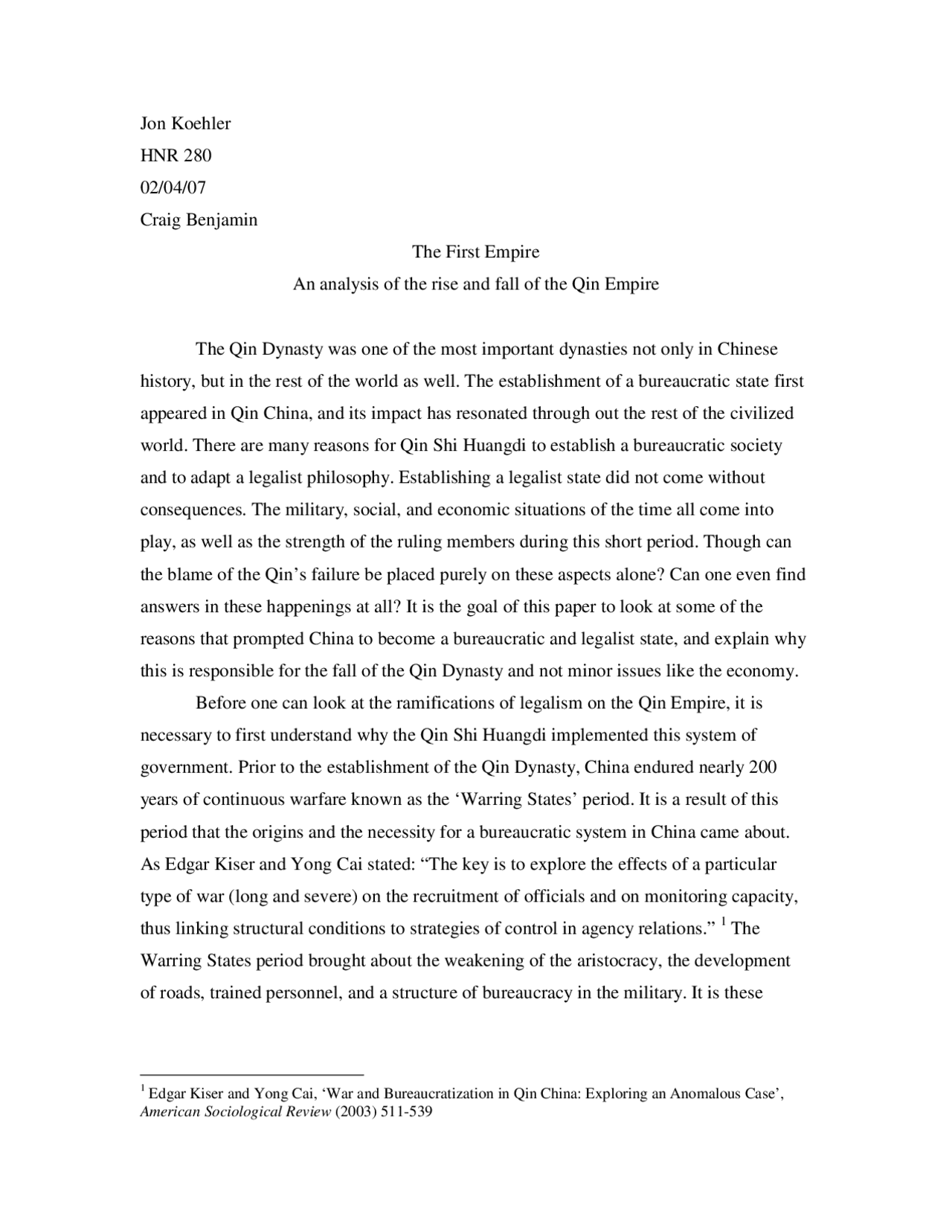 An Analysis of the Rise and Fall of the Qin Empire - Paper 1 | HNR 280 ...