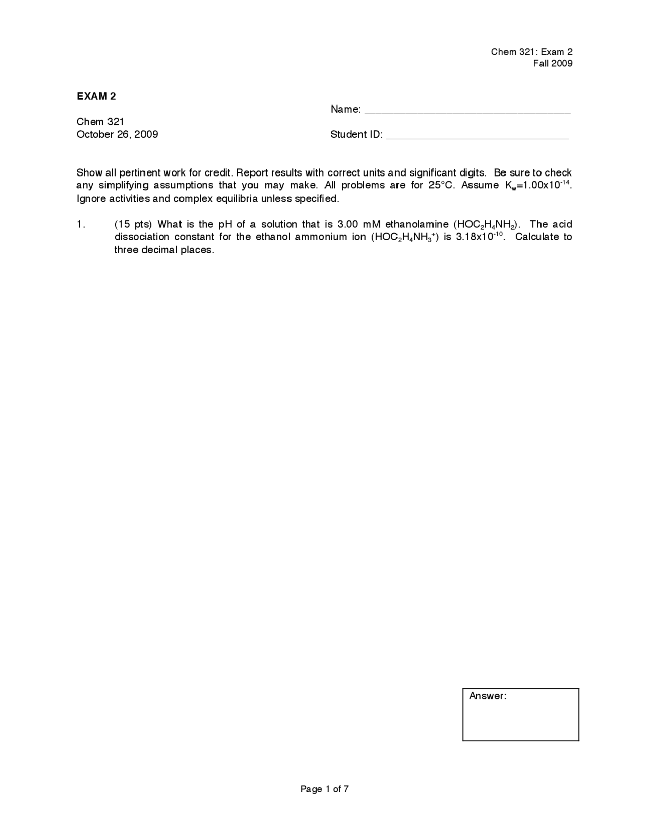 Practice Questions for Exam 2 - Analytical Chemistry | CHEM 321 | Exams ...