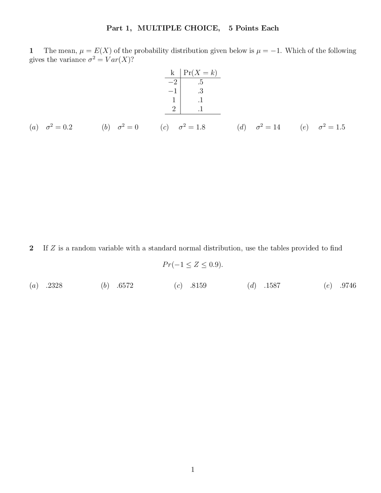 Multiple Choice Questions Finite Mathematics Math 10120 Docsity