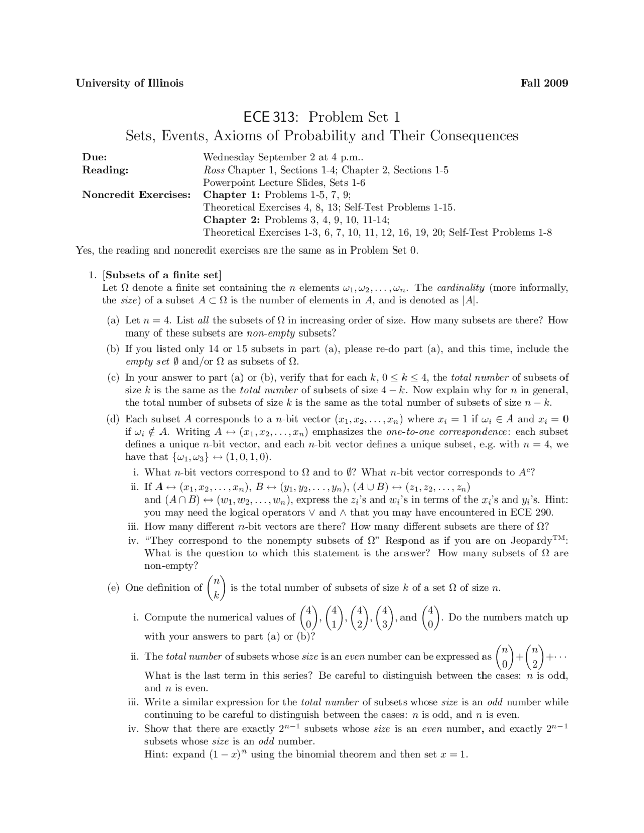 ECE 313: Sets, Events, Probability & Subsets - Fall 2009, University of Illinois | Assignments ...