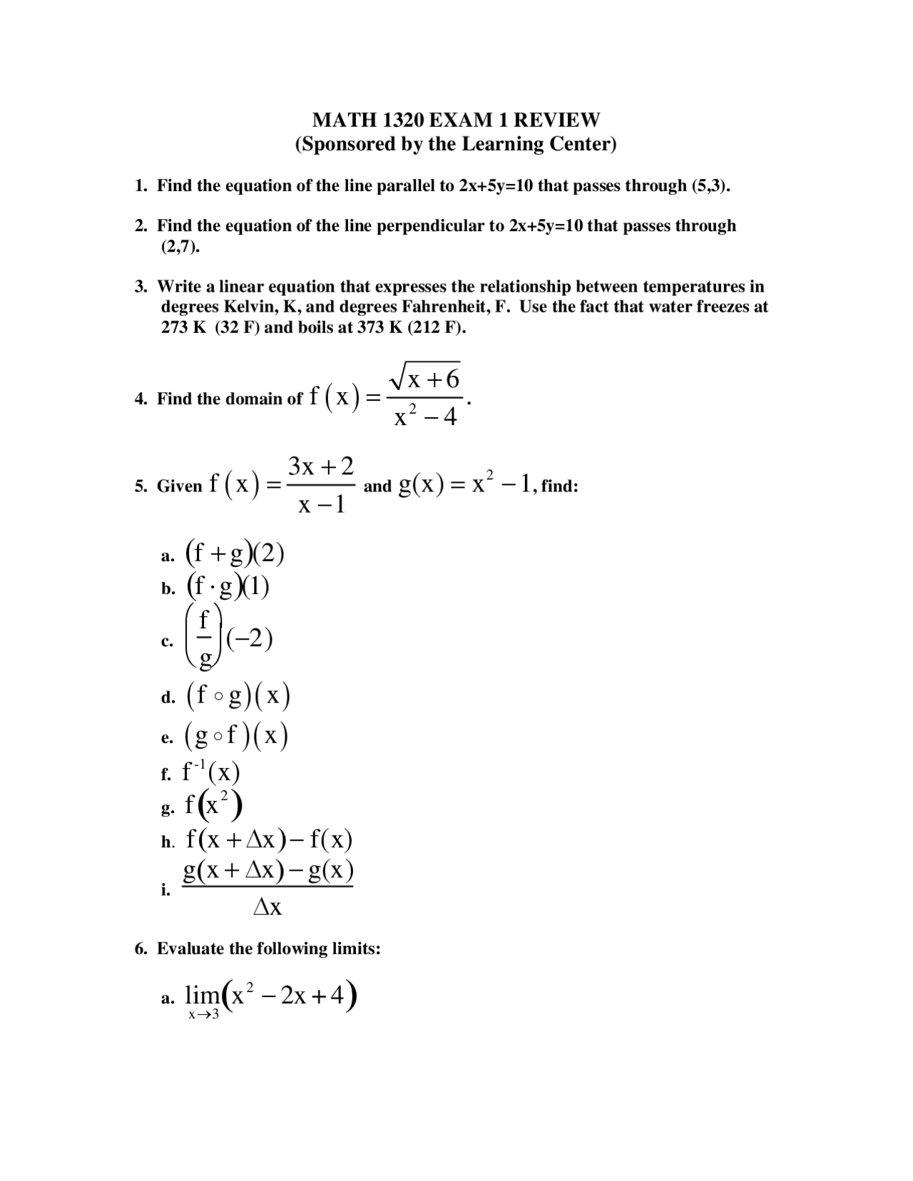MATH 1320 Exam 1 Review: Solving Linear Equations, Limits, Derivatives, and Functions | Exams ...