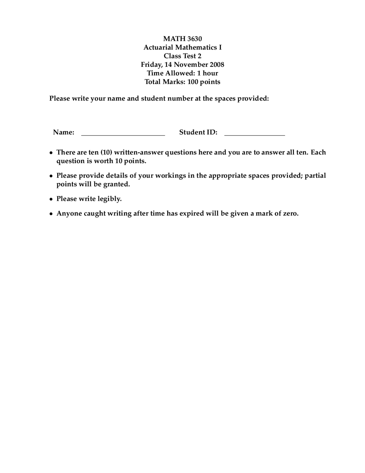Practice Test 2 Actuarial Mathematics I Fall 2008 Math 3630 Docsity