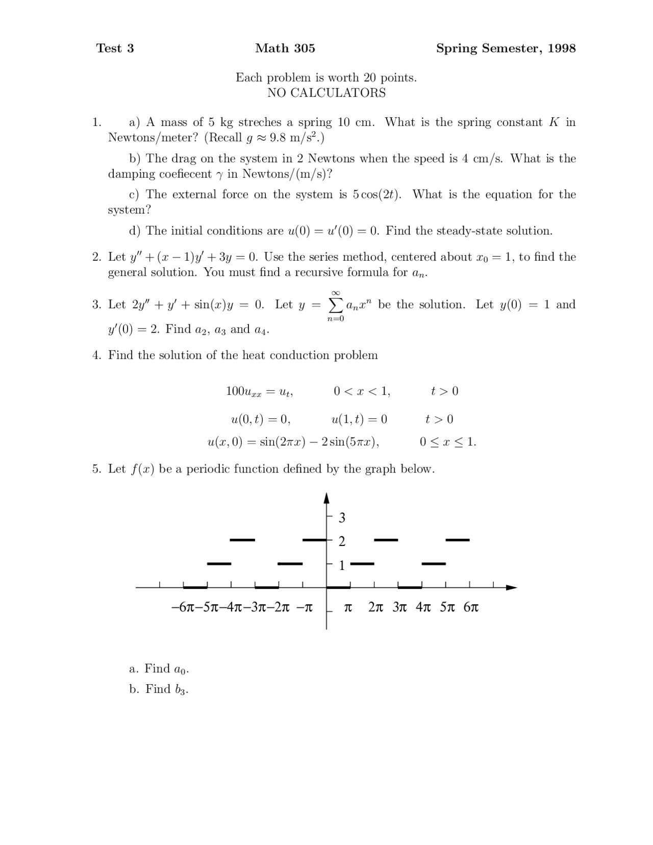 Test 3 Introduction To Ordinary Differential Equations I Math 305