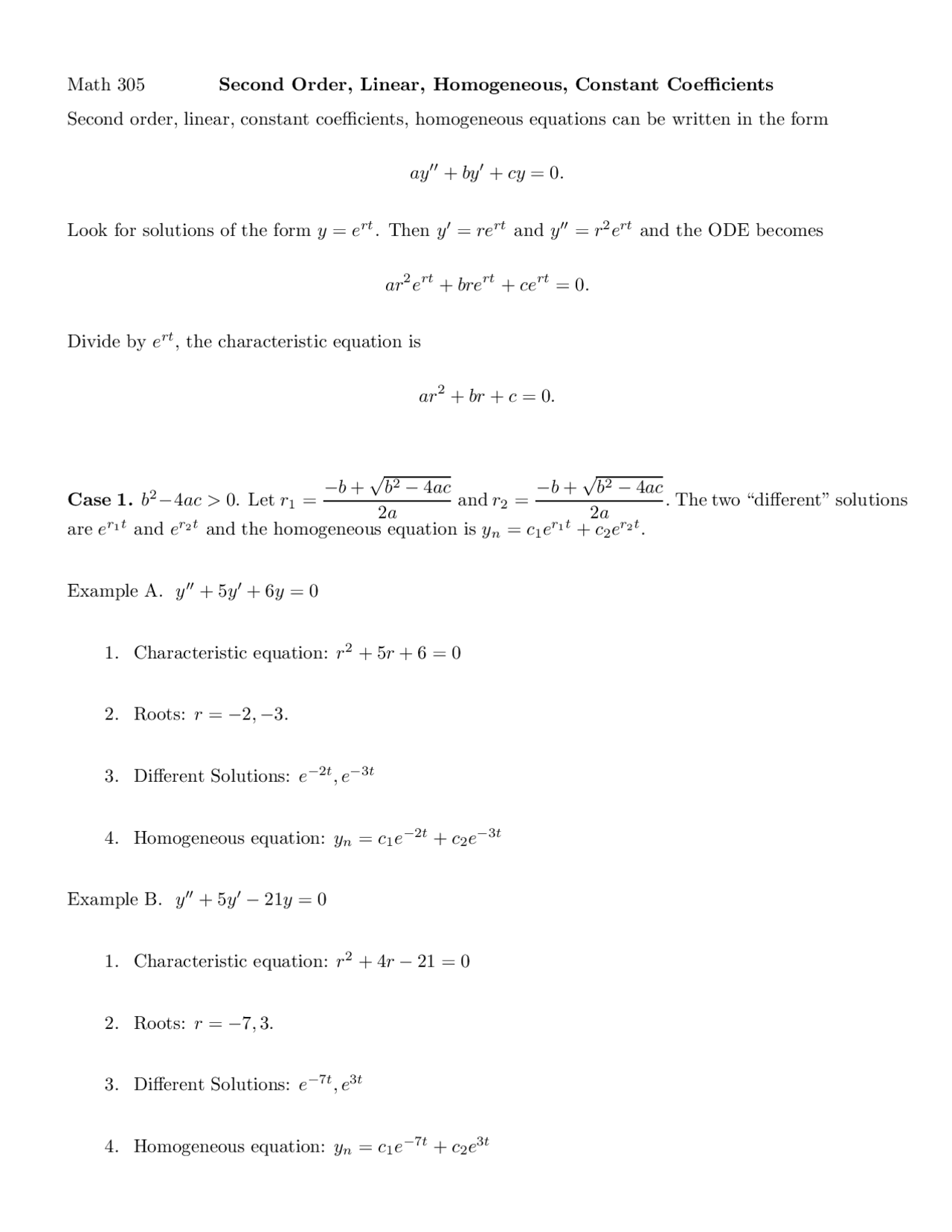 Second Order, Homogeneous, Constant Coefficients | MATH 305 - Docsity