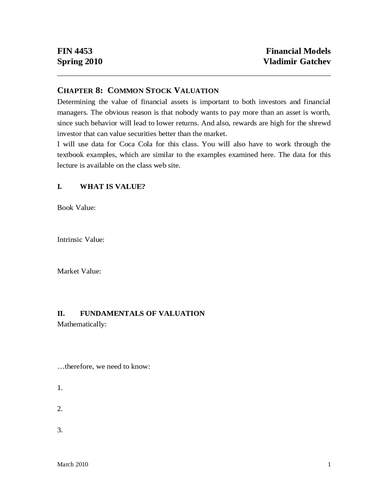 Common Stock Valuation Financial Models Fin 4453 Docsity