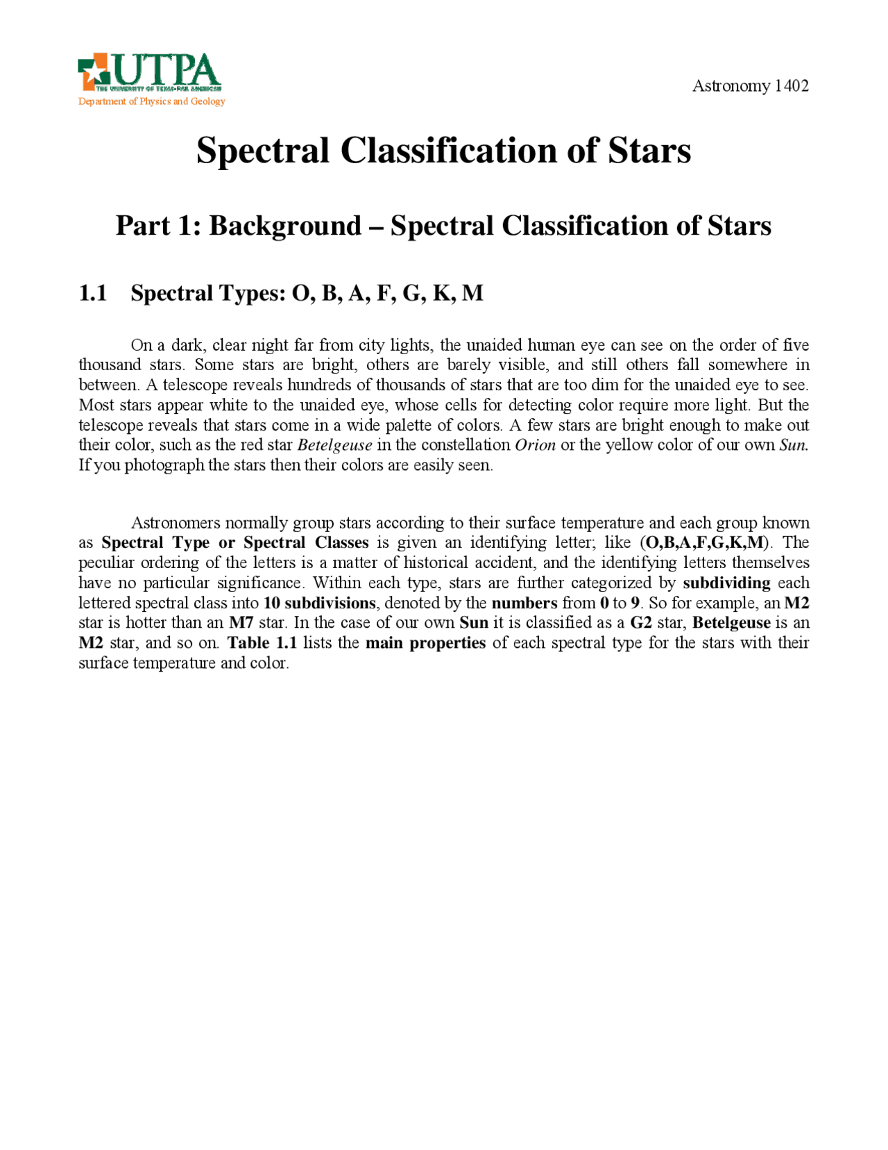 Spectral Classification of Stars - Introduction to Astronomy II - Lab 2 ...