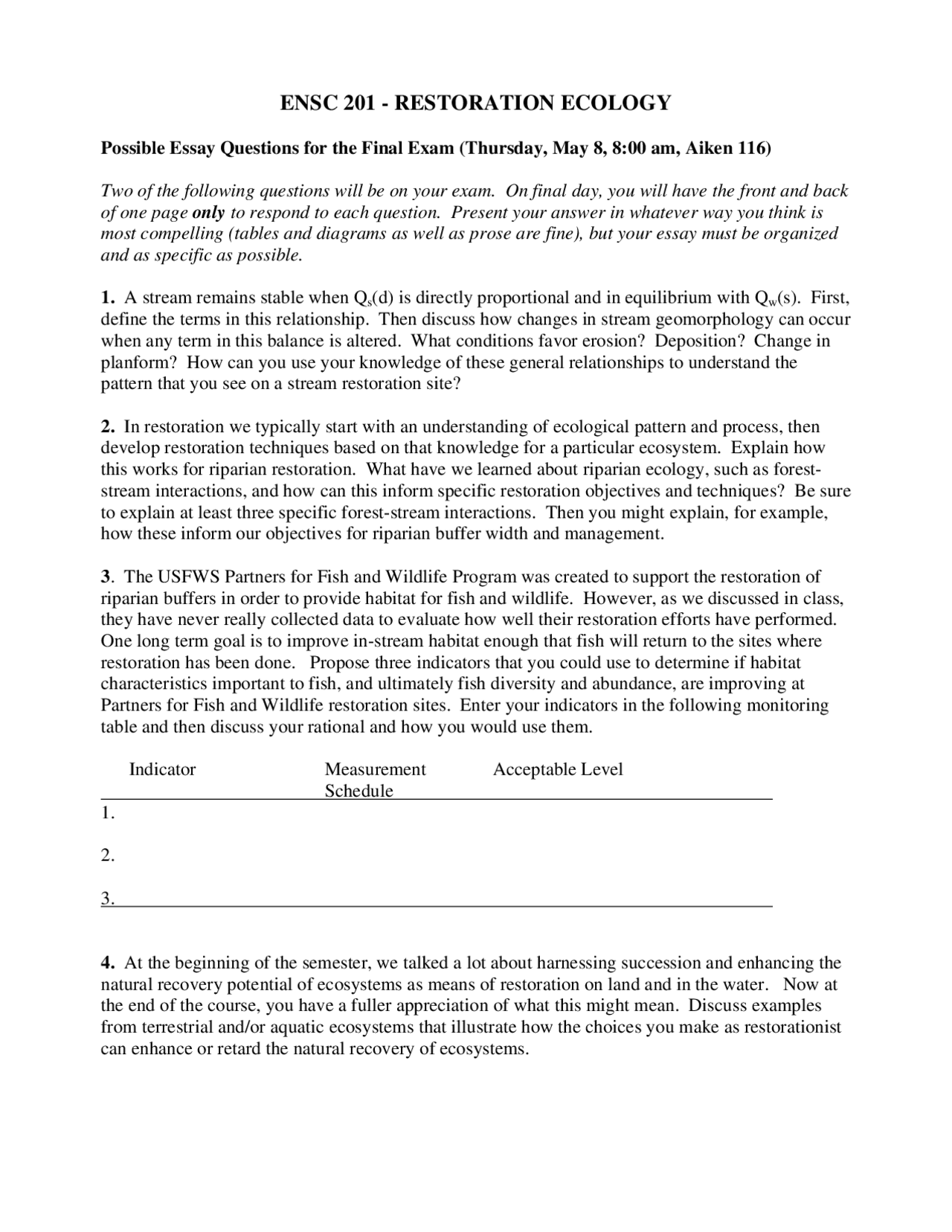 Questions For Final Exam Restoration Ecology Ensc 201 Docsity