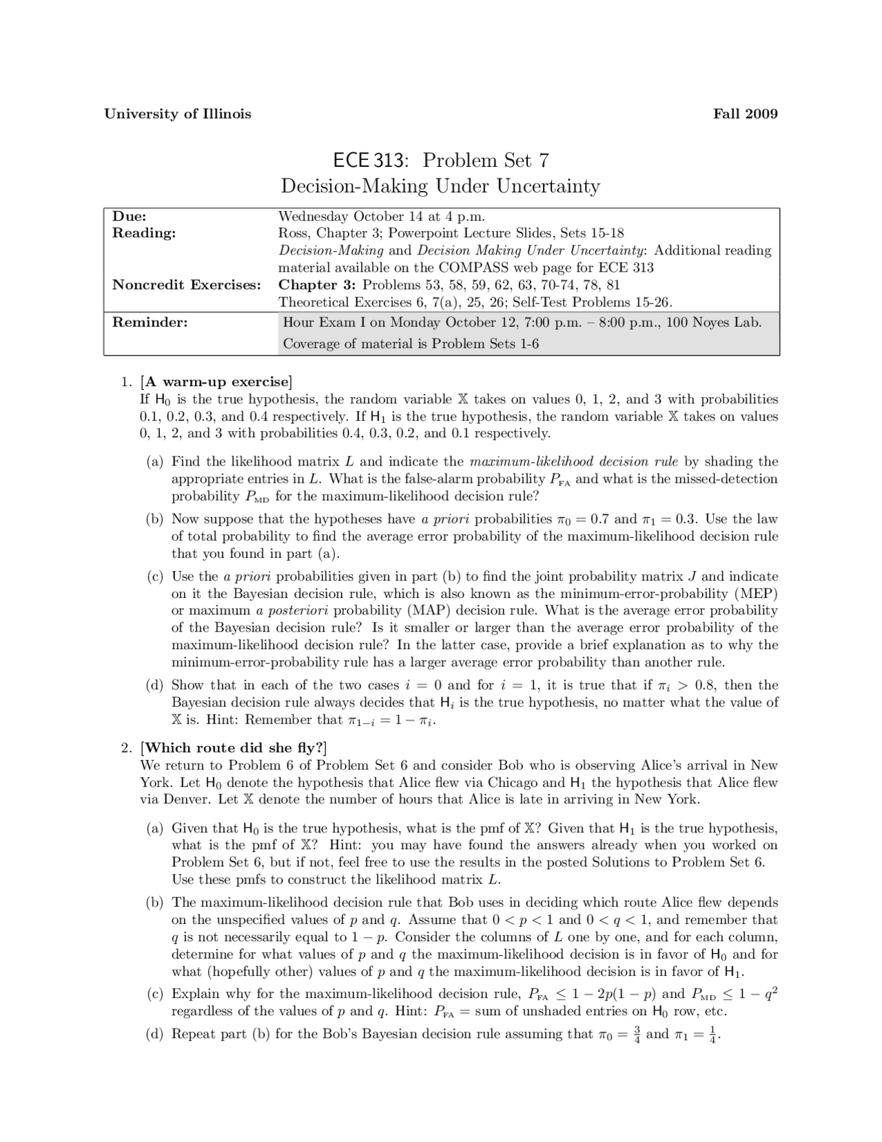 Problem Set 7 Questions - Probability with Engineering Applications | ECE 313 - Docsity
