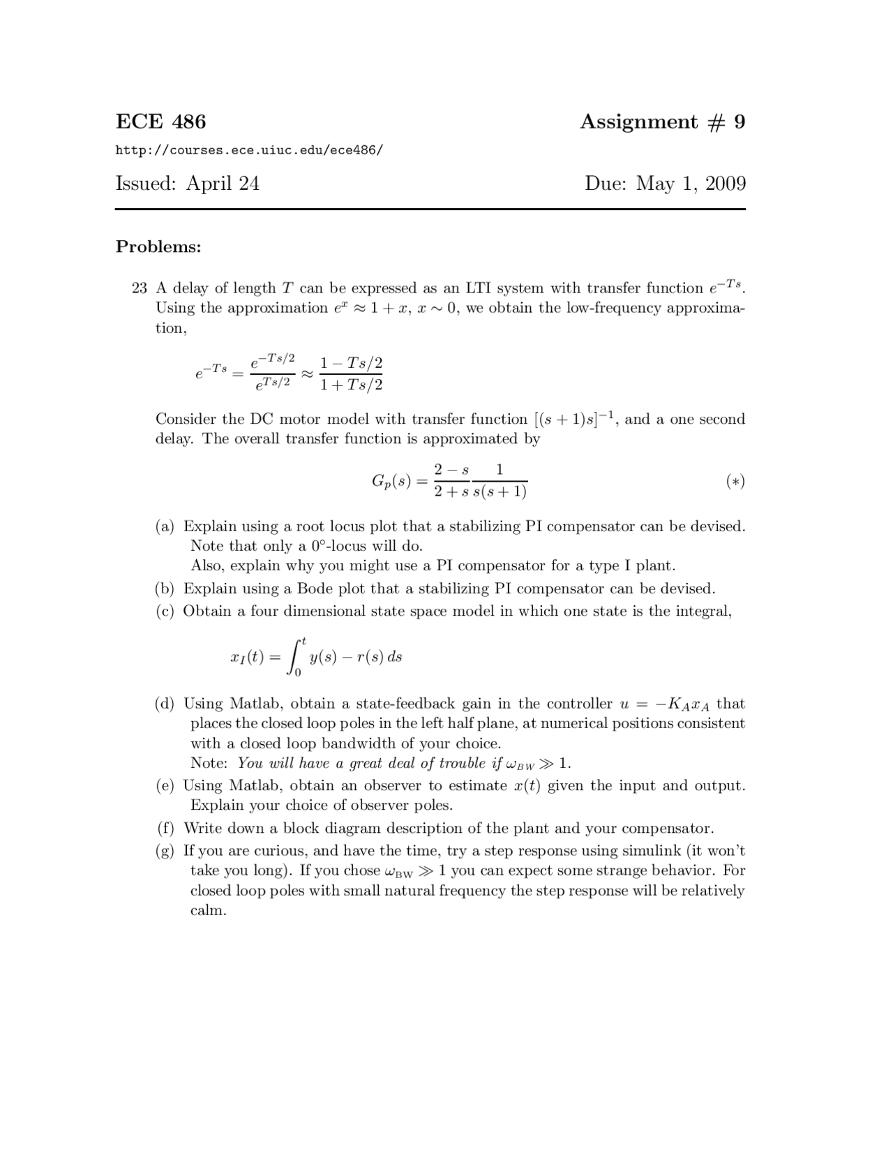 Assignment 9 Questions Control Systems Ece 486 Docsity