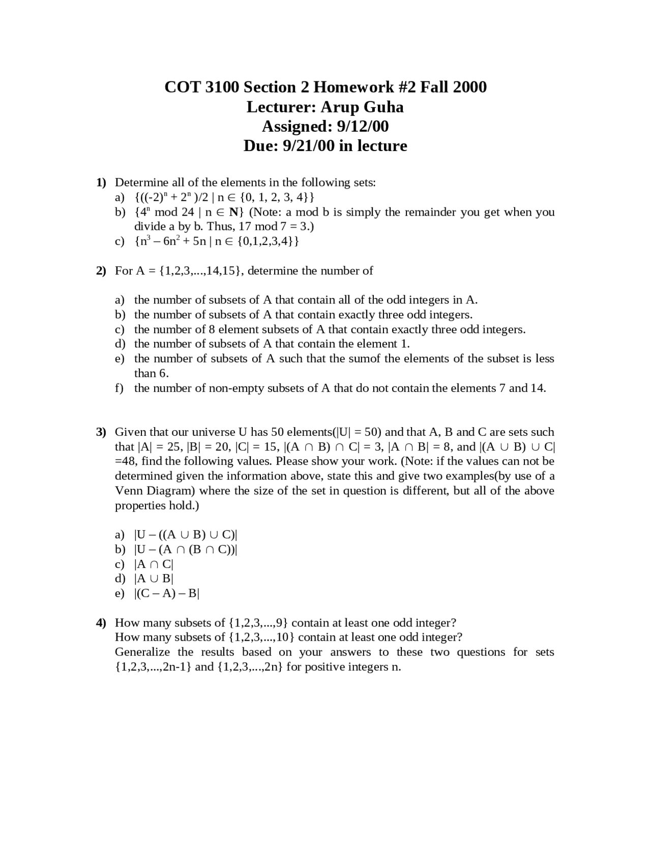 4 Problems on Arup Guha - Assignment 2 | COT 3100 - Docsity