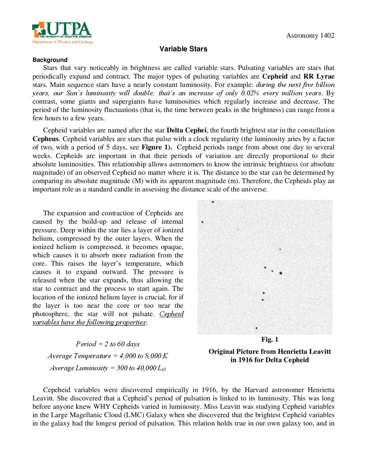 Variable Stars - Introduction to Astronomy II - Lab #7 | ASTR 1402 ...