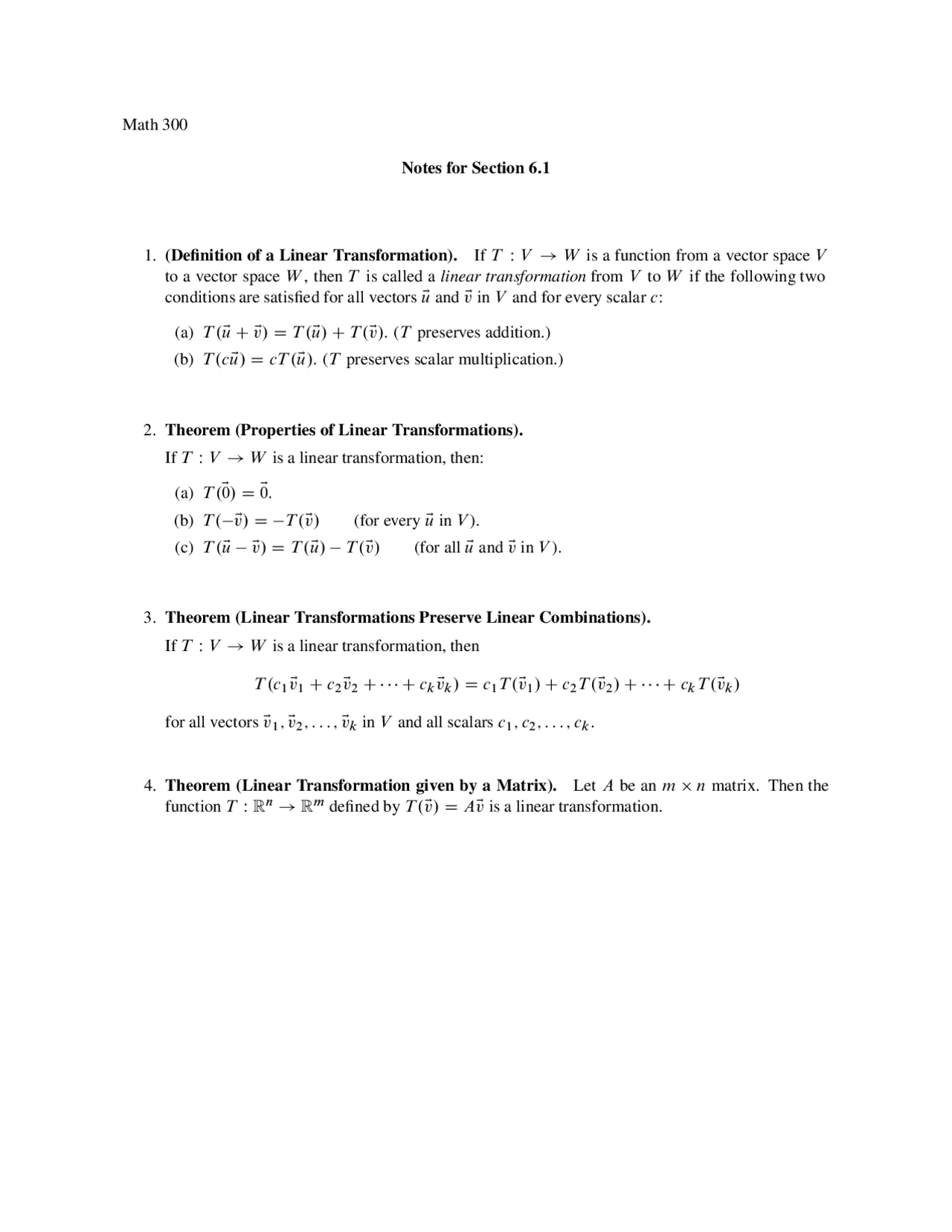 Linear Transformation Theorems Lecture Notes Math 300 Docsity