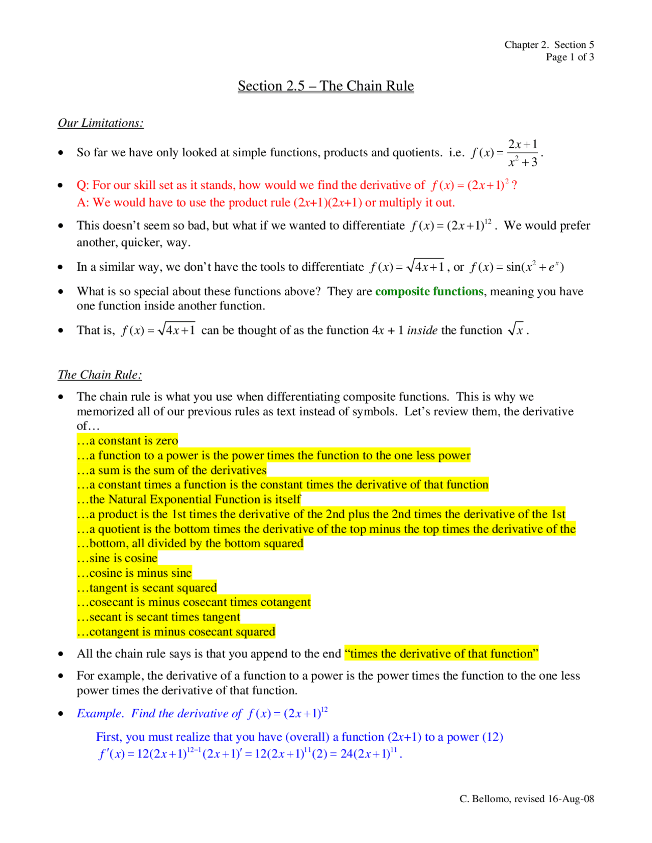 The Chain Rule - Calculus I - Lecture Notes | MATH 181 - Docsity