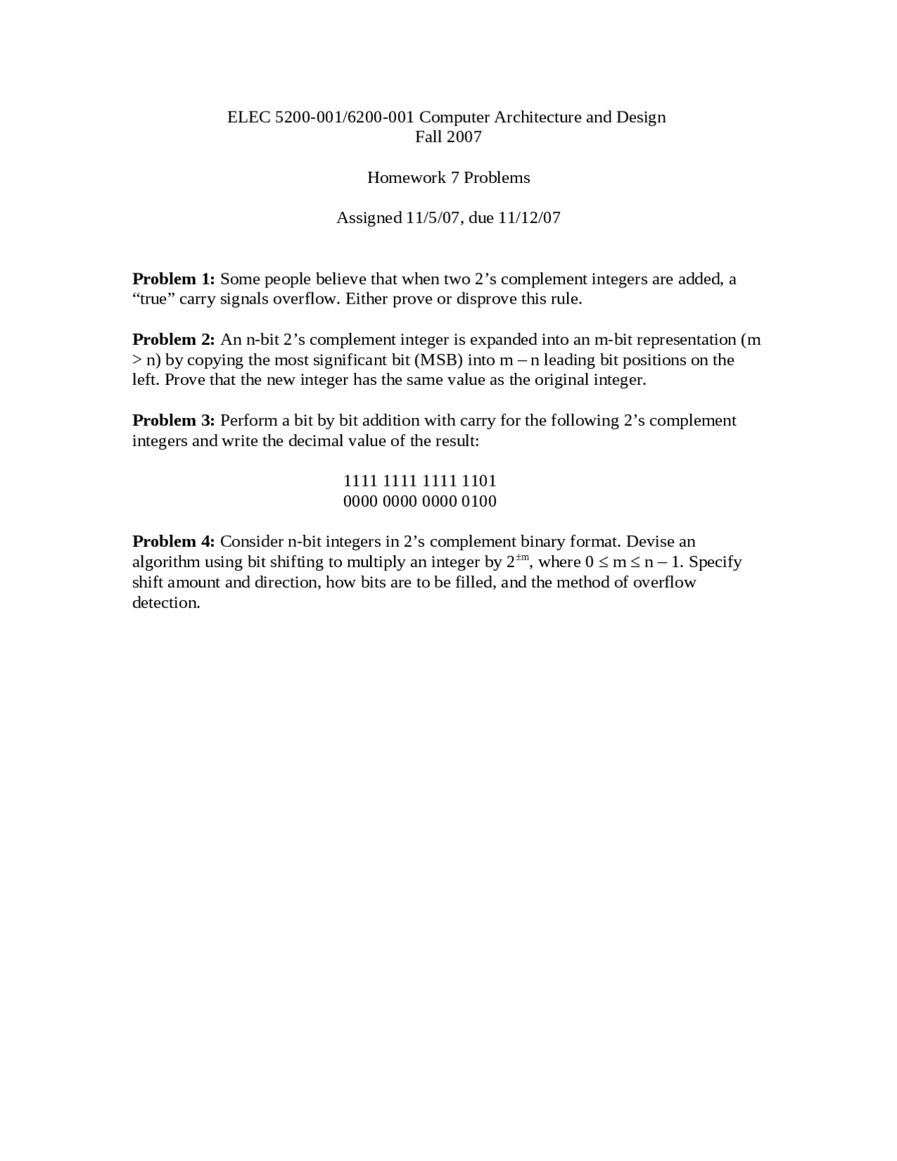 Homework Seven Problems Computer Architecture And Design Elec 5200 Docsity
