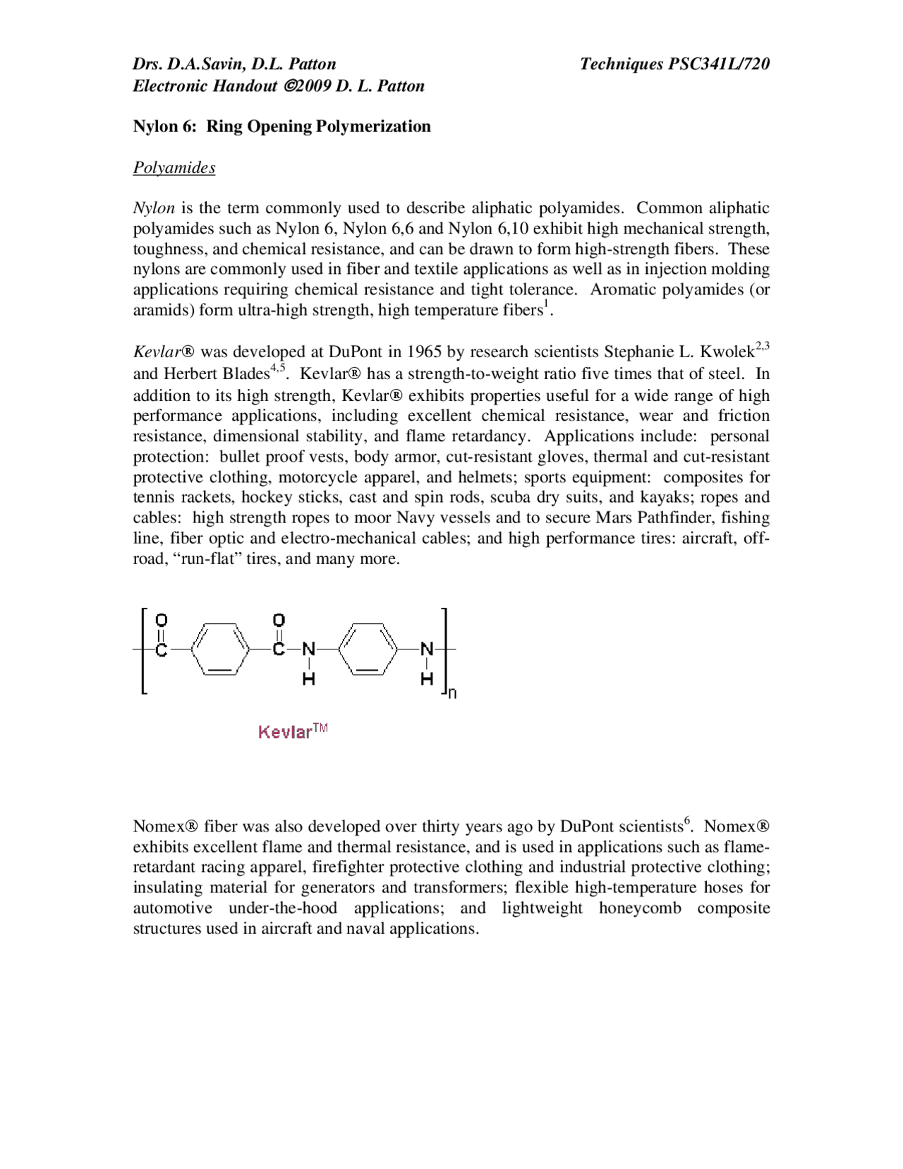 Notes on Nylon 6: Ring Opening Polymerization | PSC 720 - Docsity