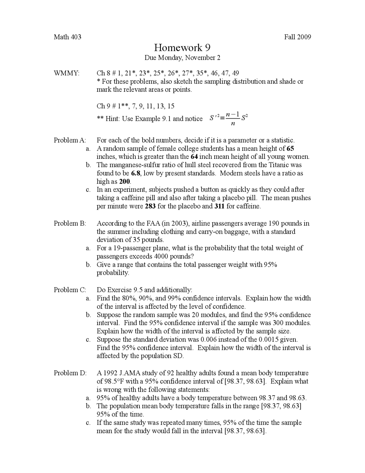 Probability and Statistics for Engineers - Homework 9 Unsolved Questions | MATH 403 - Docsity