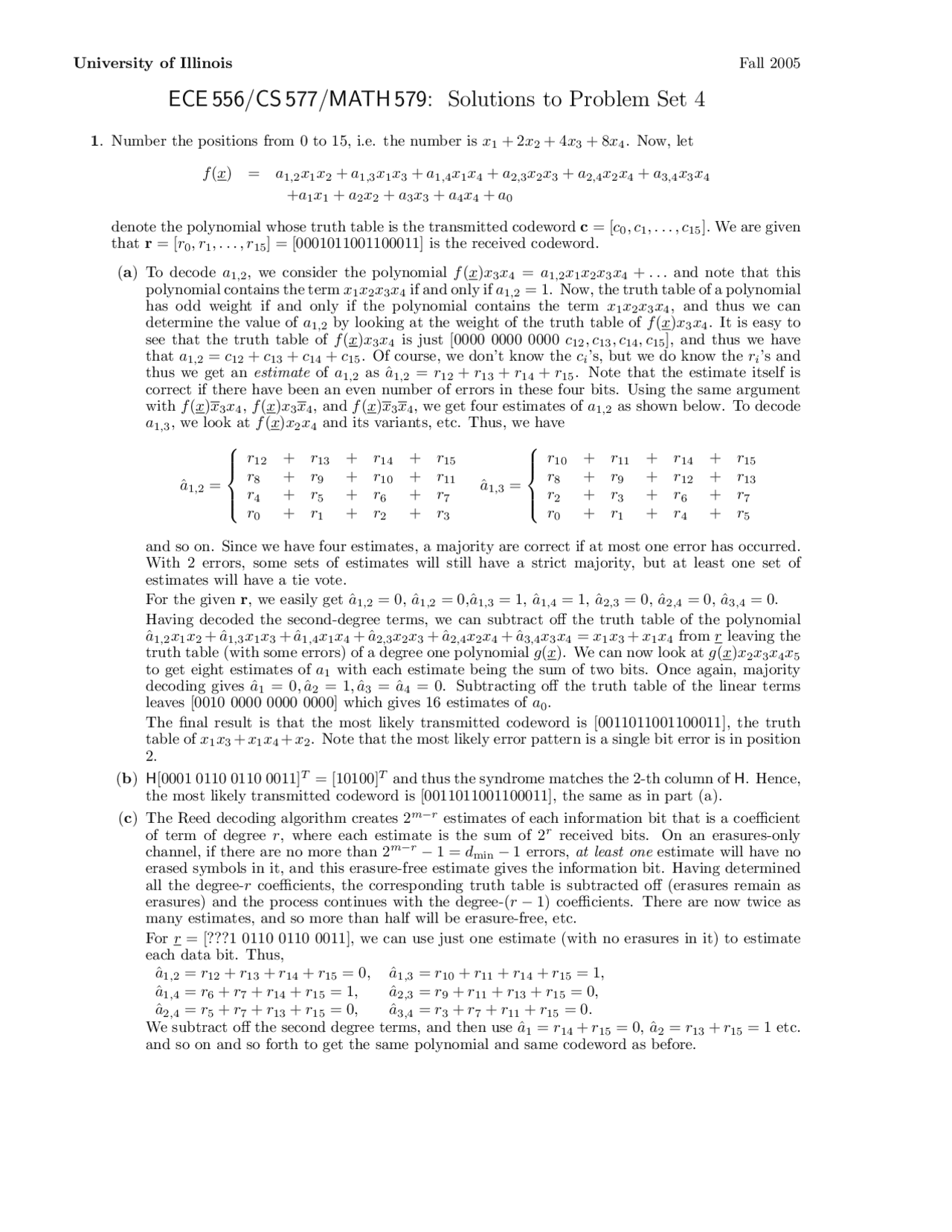 Problem Set 4 Solutions Coding Theory Fall 2005 Ece 556