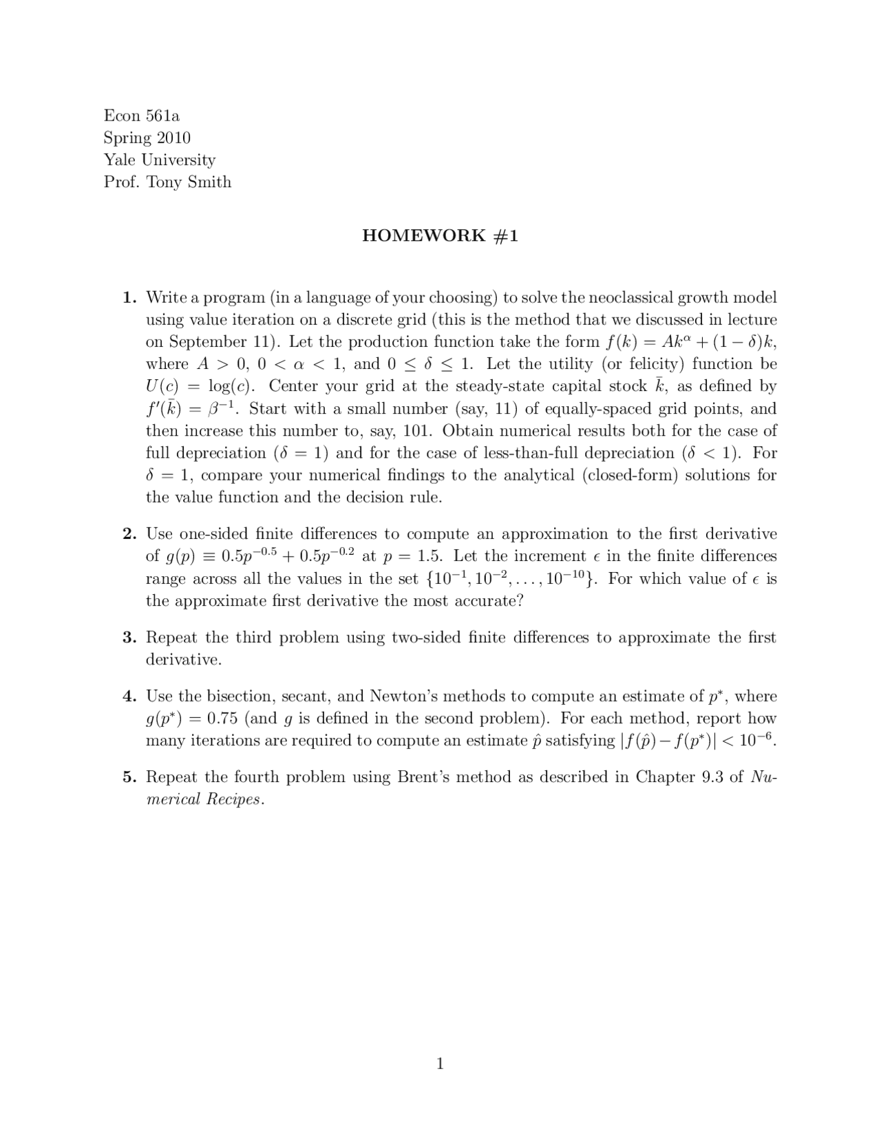 Homework 1 With 5 Practice Problems On Computational Methods Econ 561
