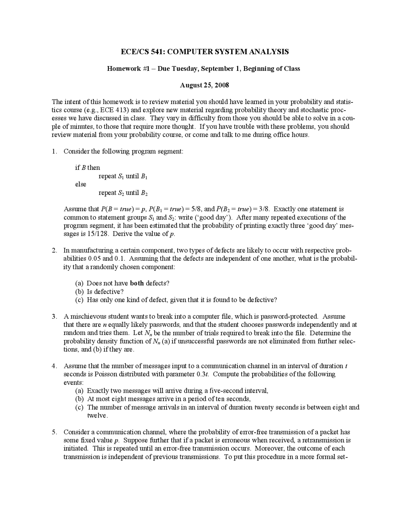 Homework One For Computer Systems Analysis Cs 541 Docsity