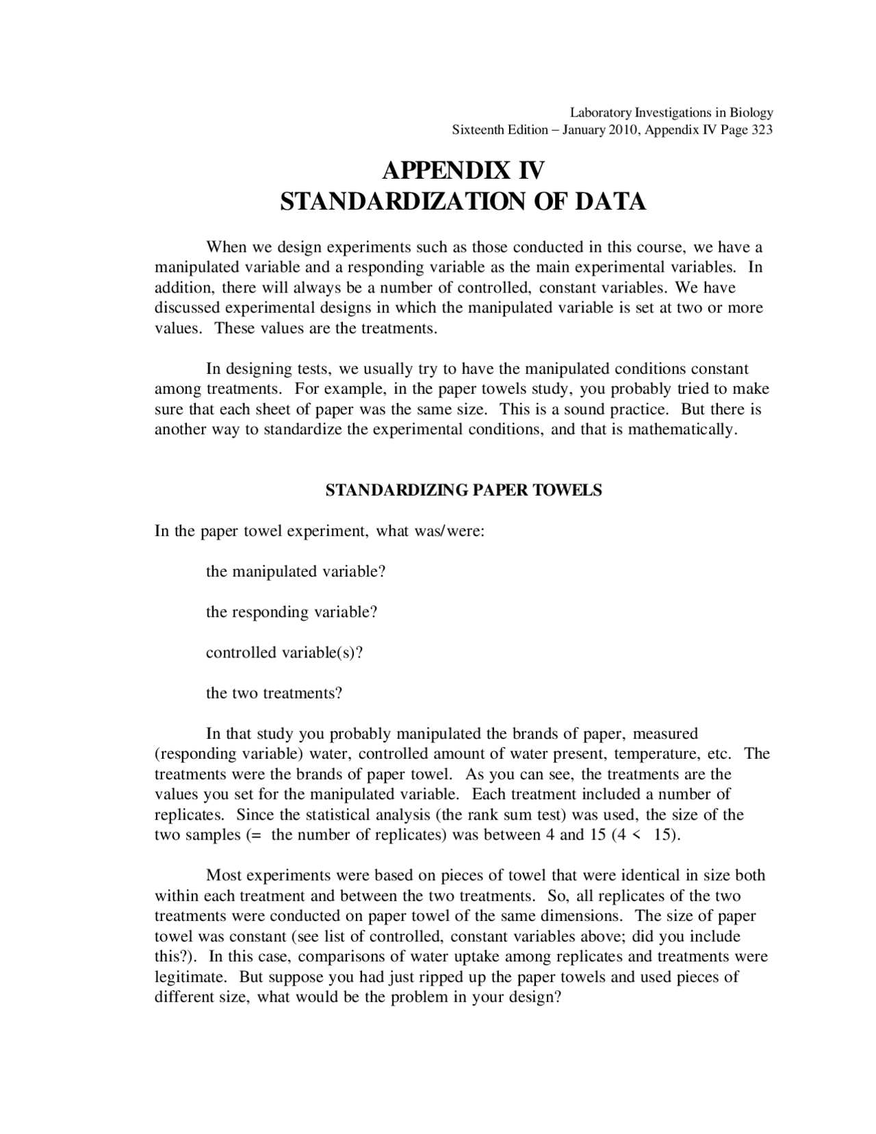 Standardization of Data in Biology Experiments: An Example using Paper ...