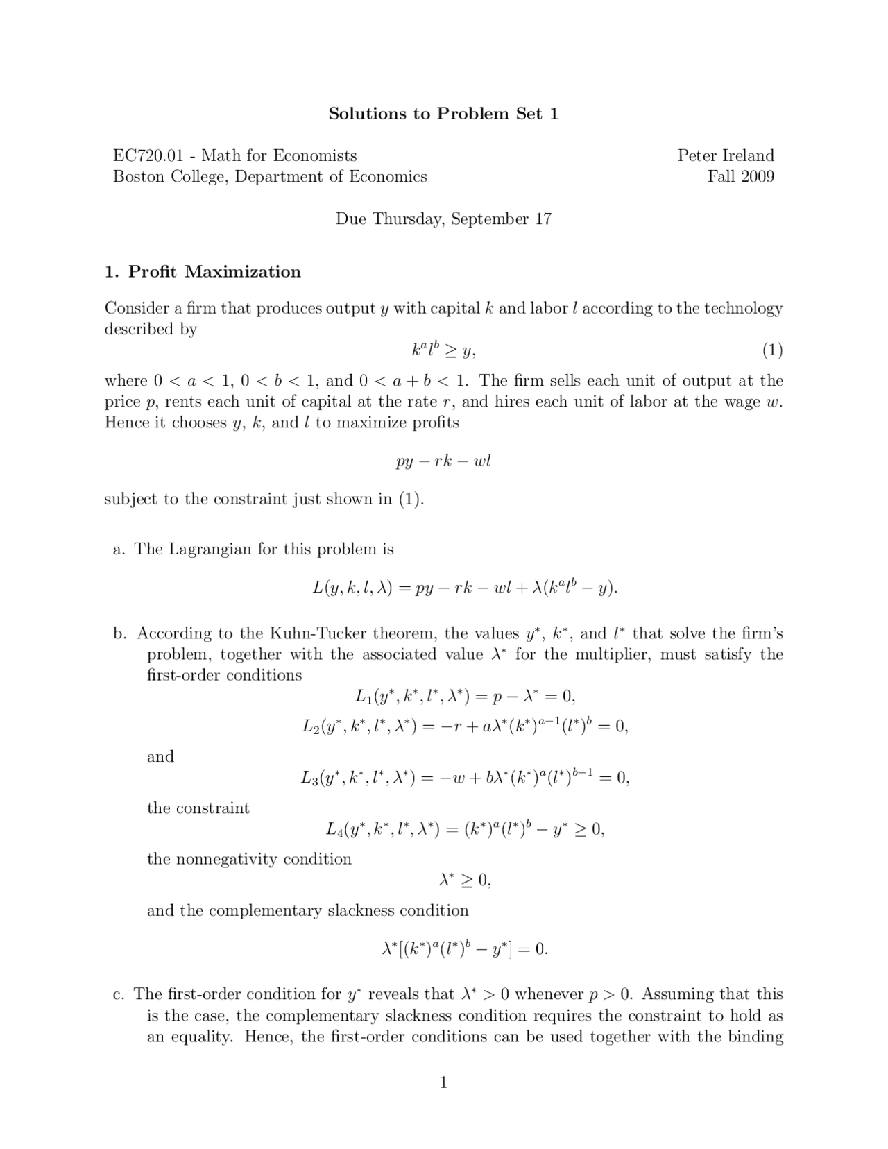Solutions To Problem Set 1 Mathematics For Economists Ec 720 Docsity
