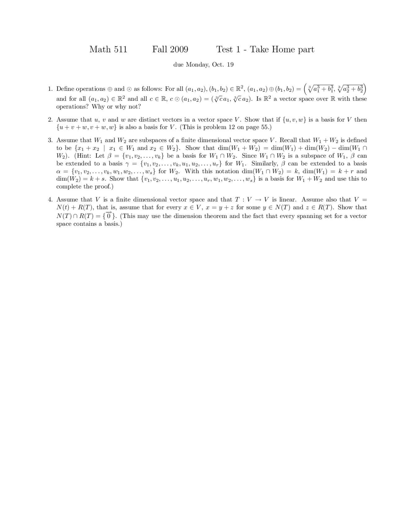 4 Questions Of Linear Algebra Fall 2009 Math 511 Docsity