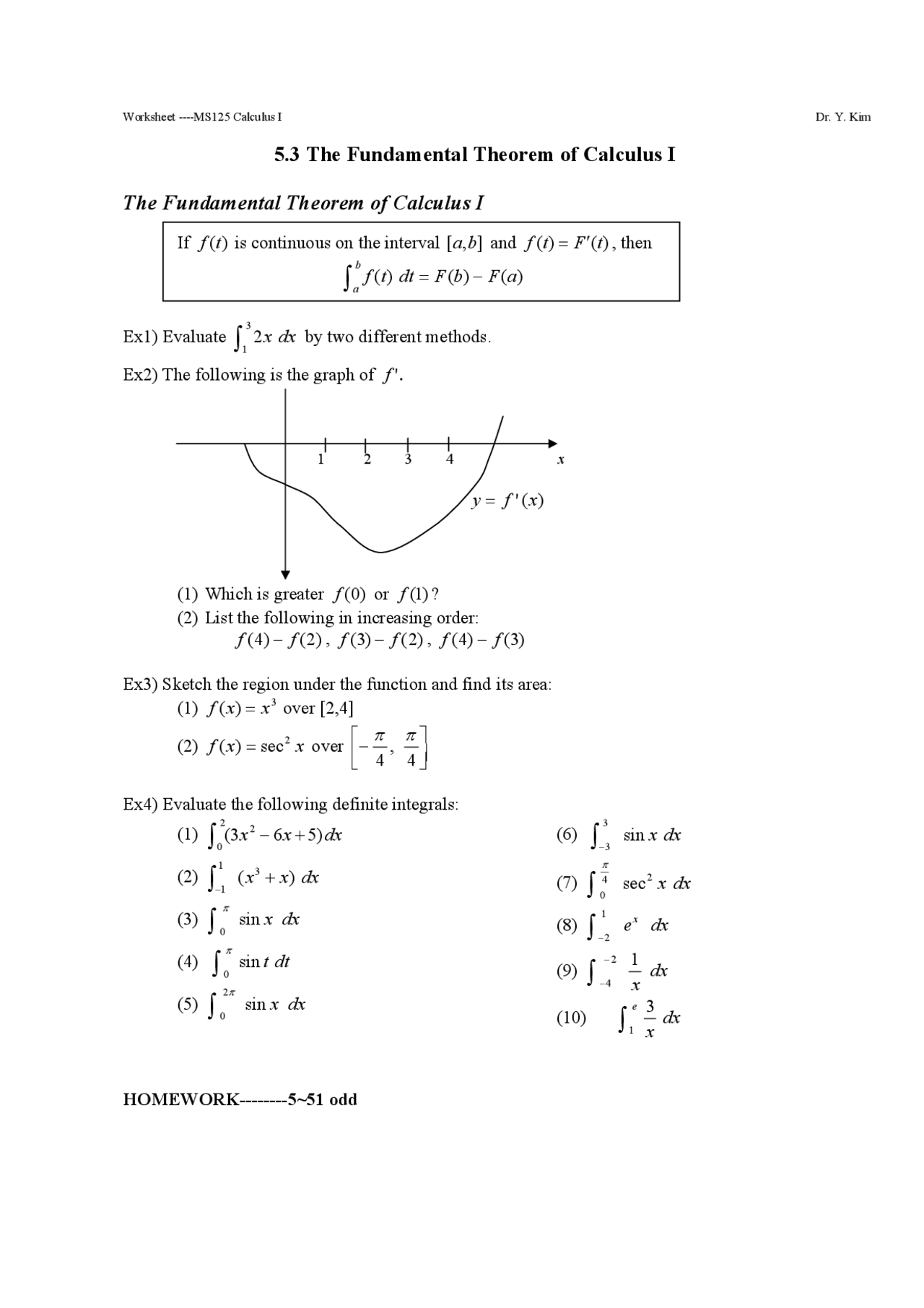 The Fundamental Theorem of Calculus I - Assignment 5 | MS 125 - Docsity