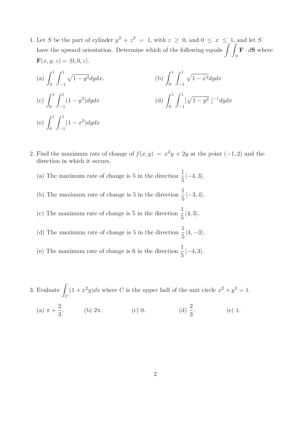 Questions With Answers Calculus Iii Math 20550 Docsity