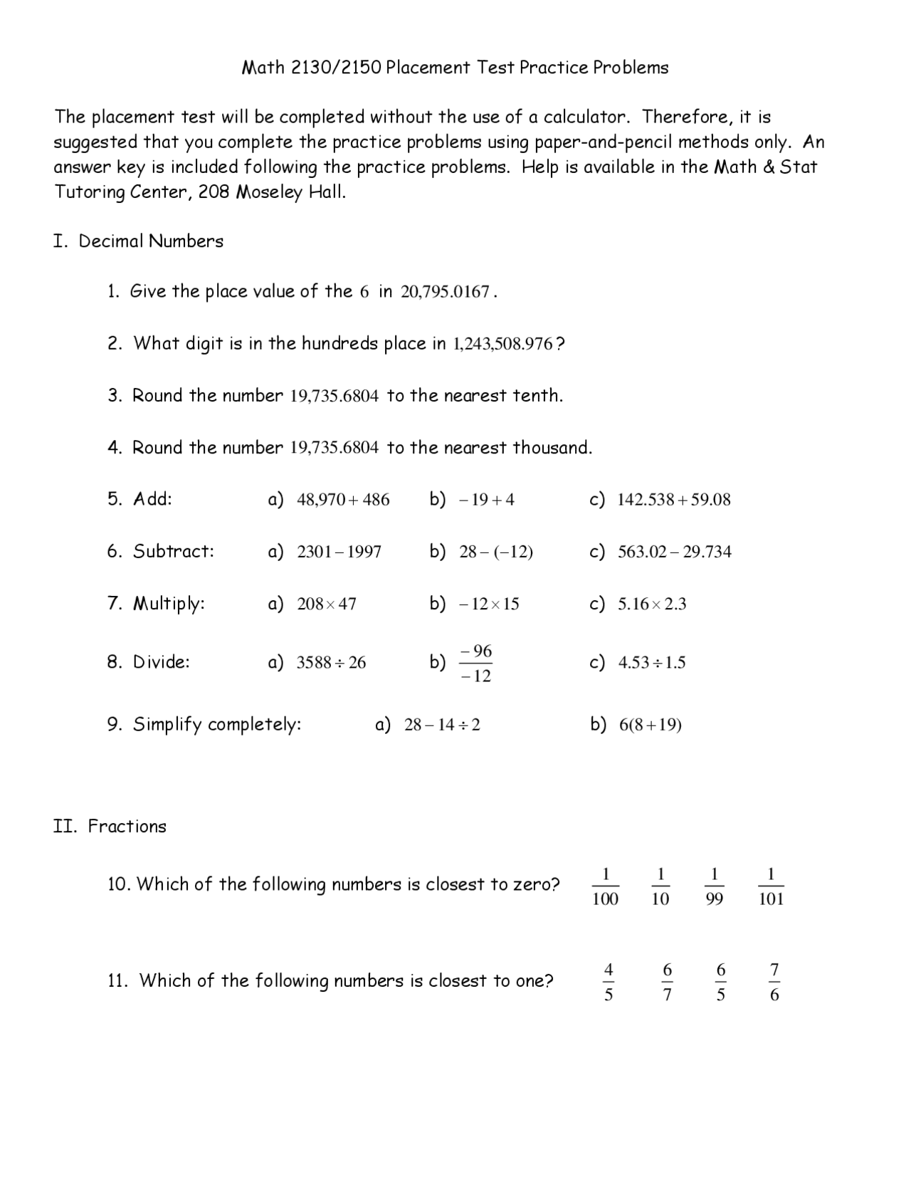 Placement Test Practice Problems - Mathematics for Early Childhood ...