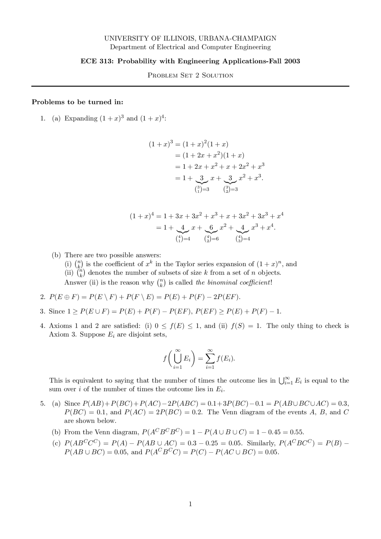 Problem Set 2 Solutions - Probability with Engineering Applications | ECE 313 - Docsity