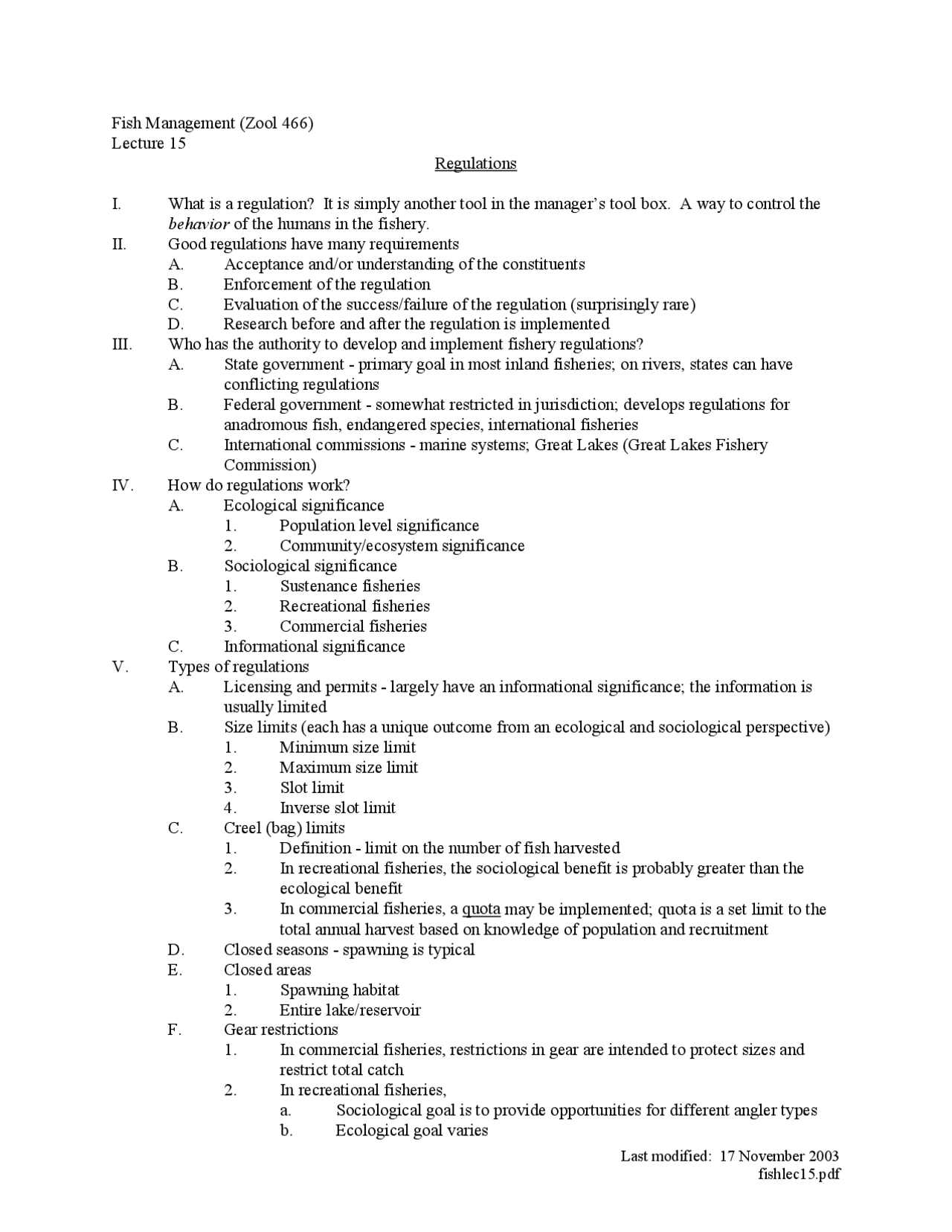 Regulations - Fish Management - Review Sheet | ZOOL 466 - Docsity