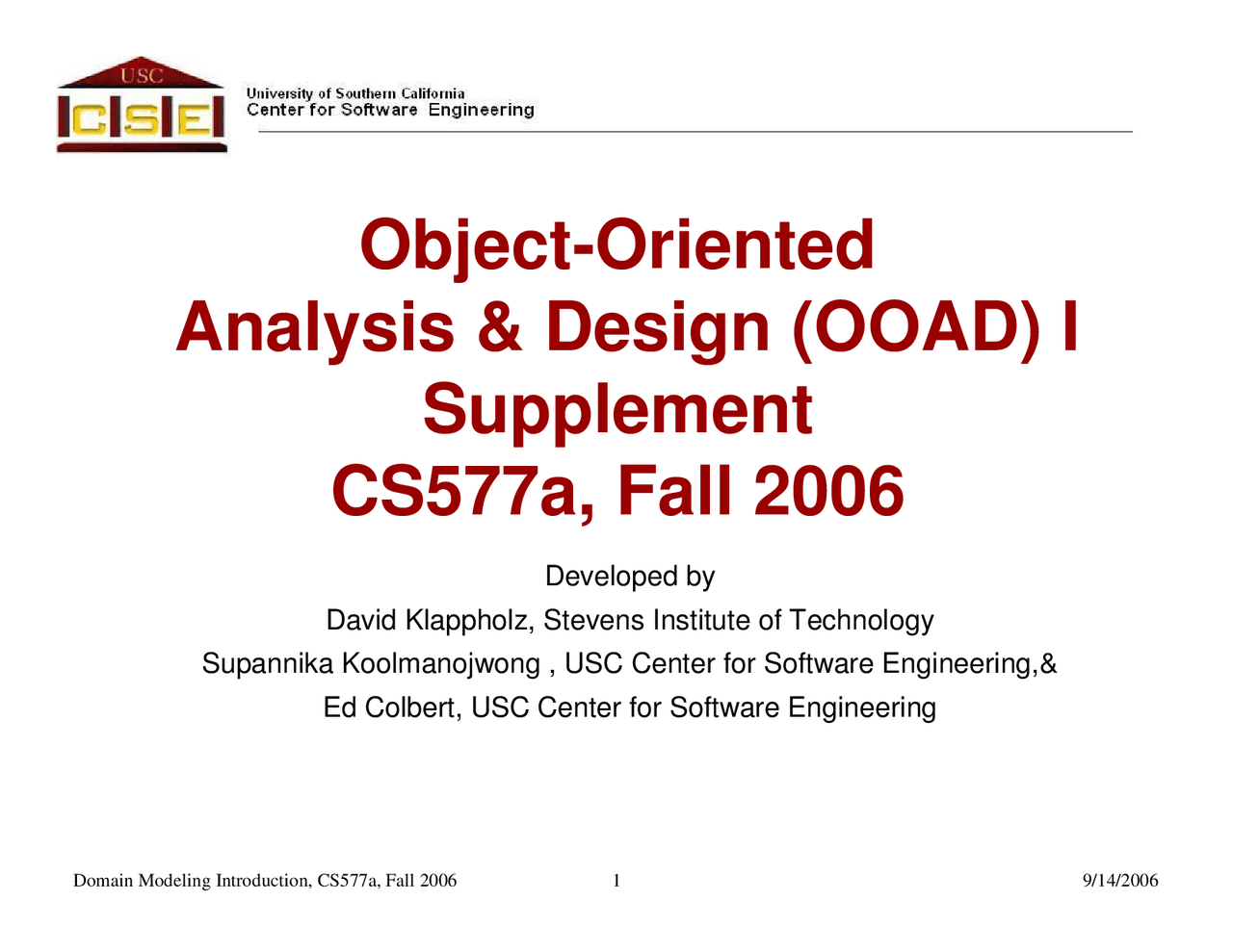 Object Oriented Analysis And Design I Supplement Slides Ame 577