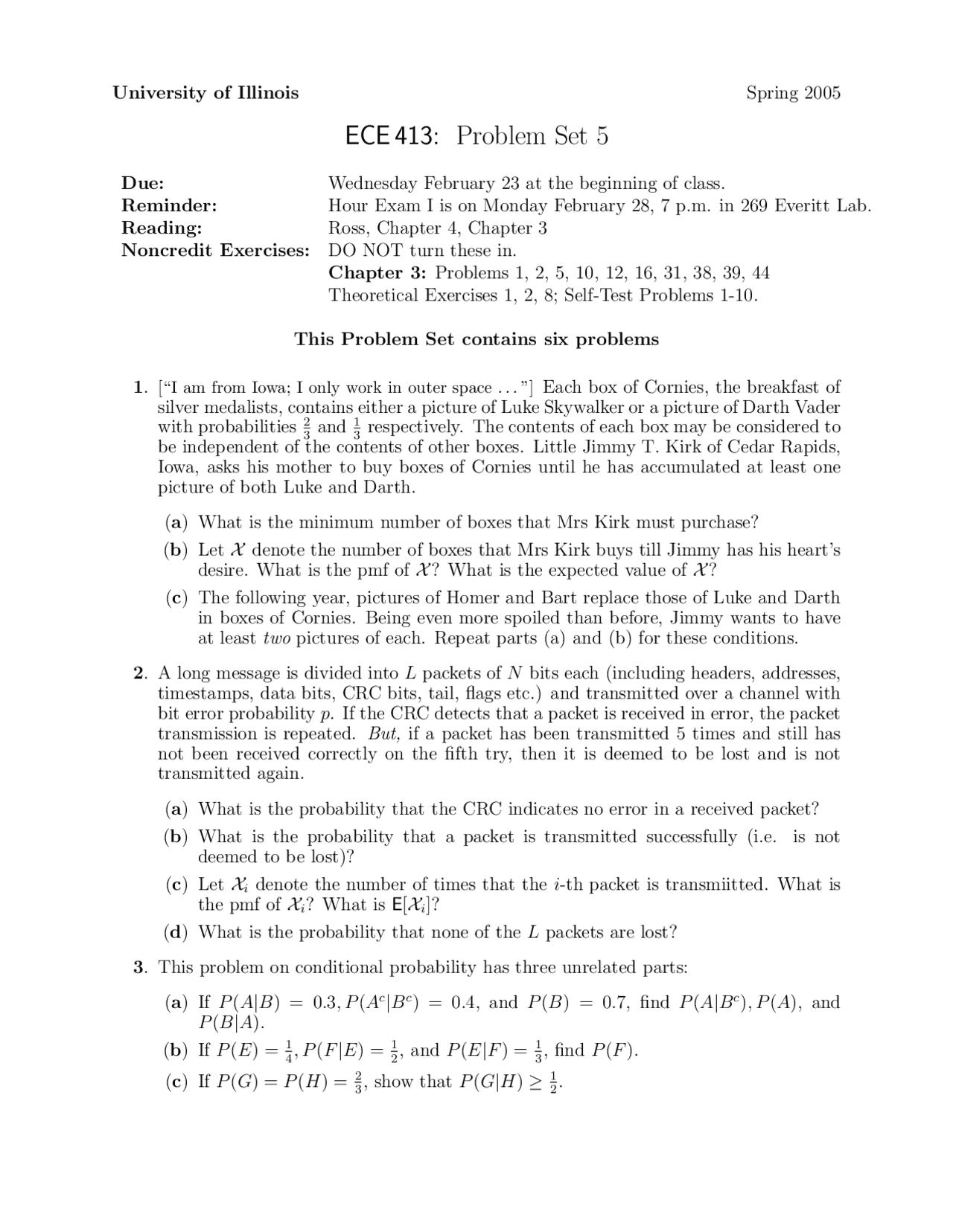 Probability with Engineering Applications - Problem Set 5 | ECE 313 ...