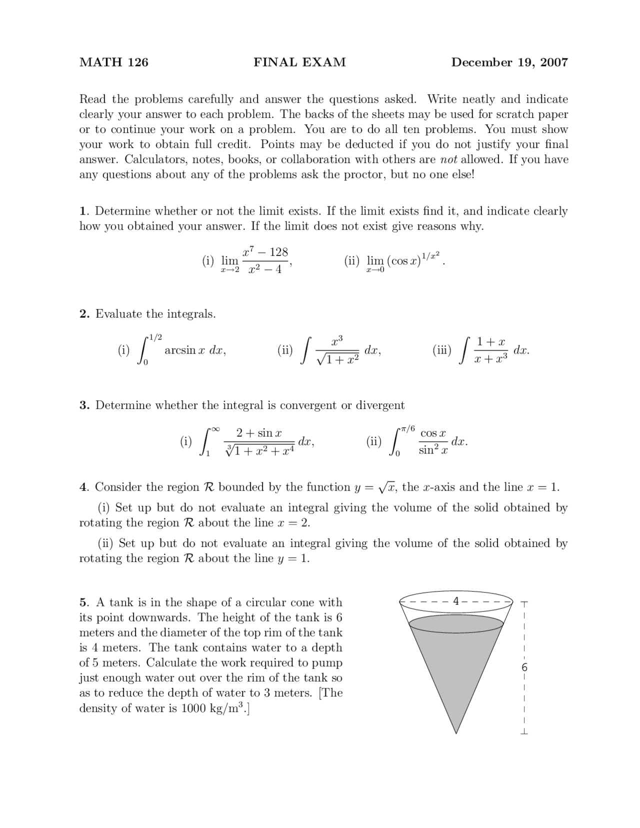 10 Problems On Calculus Ii Final Examination Fall 2007 Math 126