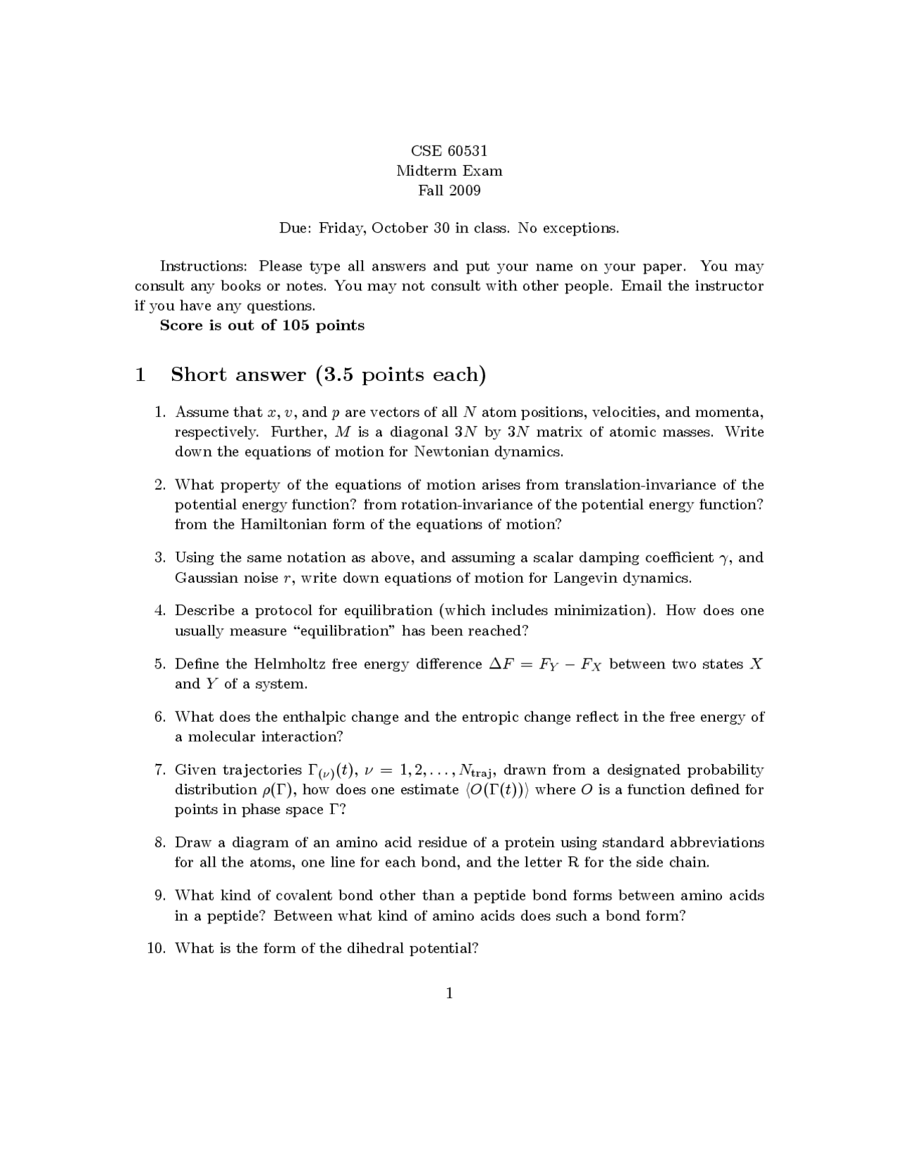 Midterm Exam Computational Biophysics And Systems Biology Fall 2009