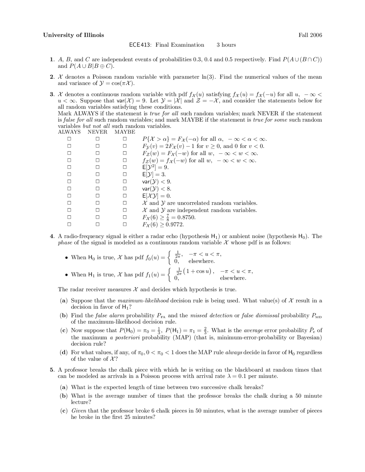 Past Final Exam on Probability with Engineering Application - Fall 2006 | ECE 313 - Docsity