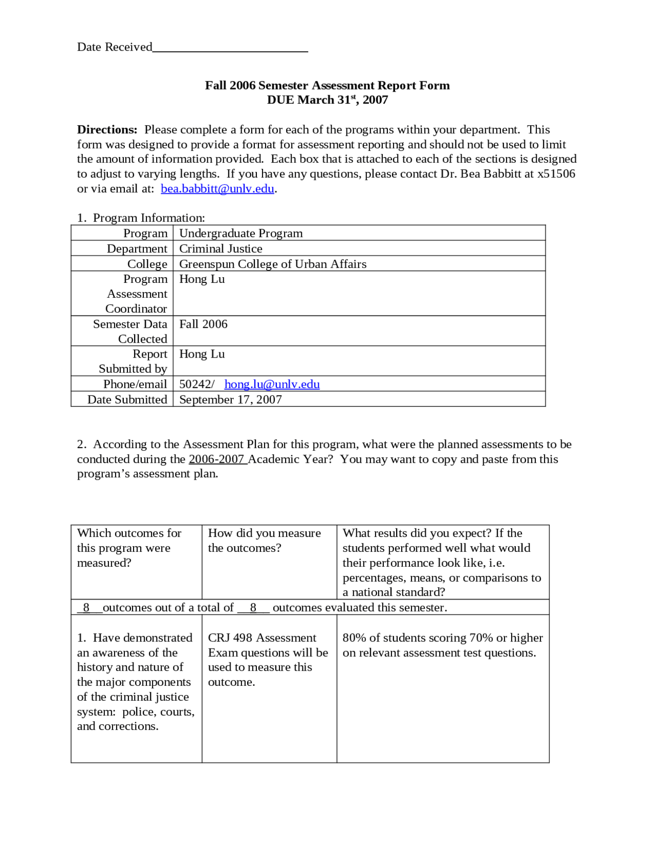 Semester Assessment Report Form | Criminal Justice | CRJ 498 | Exams ...