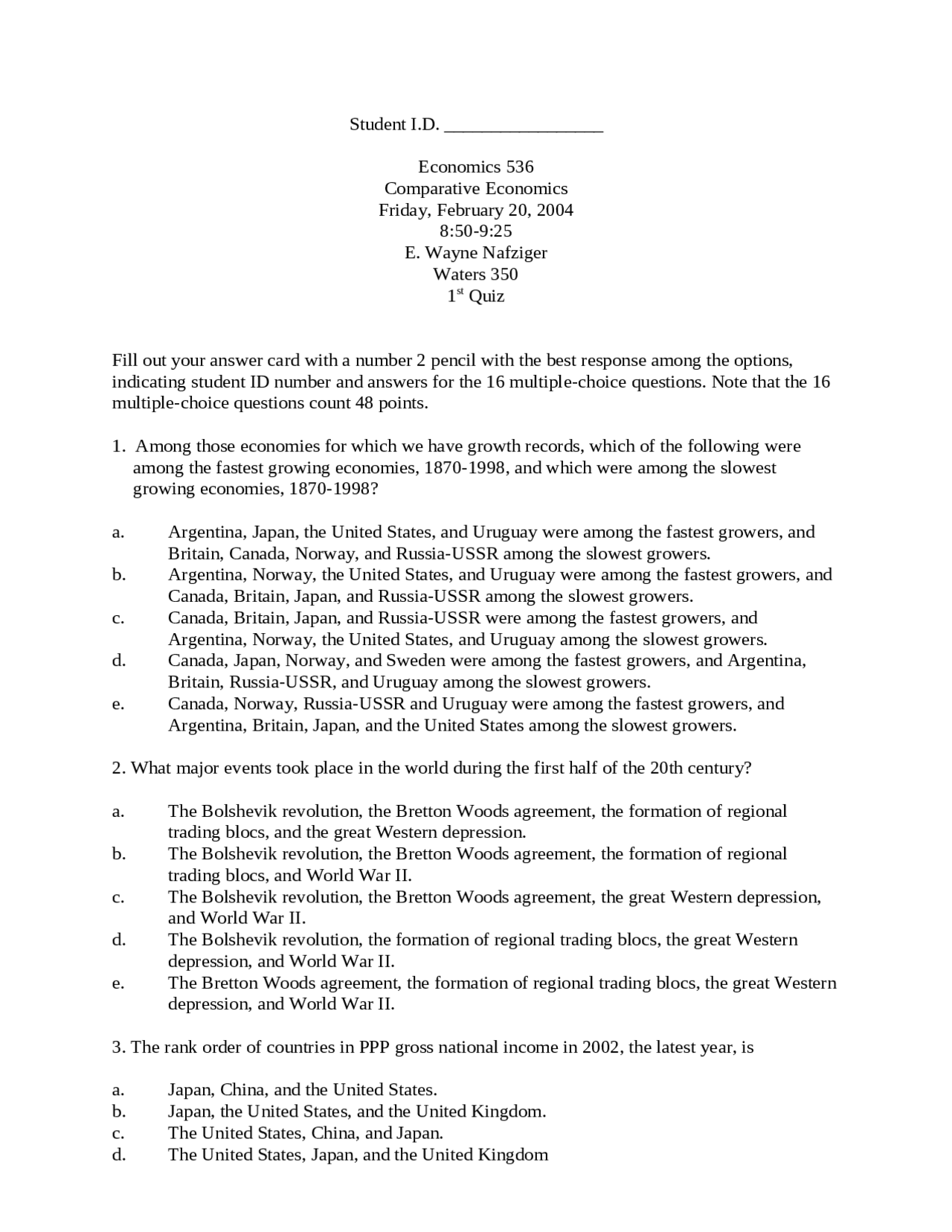 Quiz 1 Questions With Answer Key For Comparative Economic Econ 536
