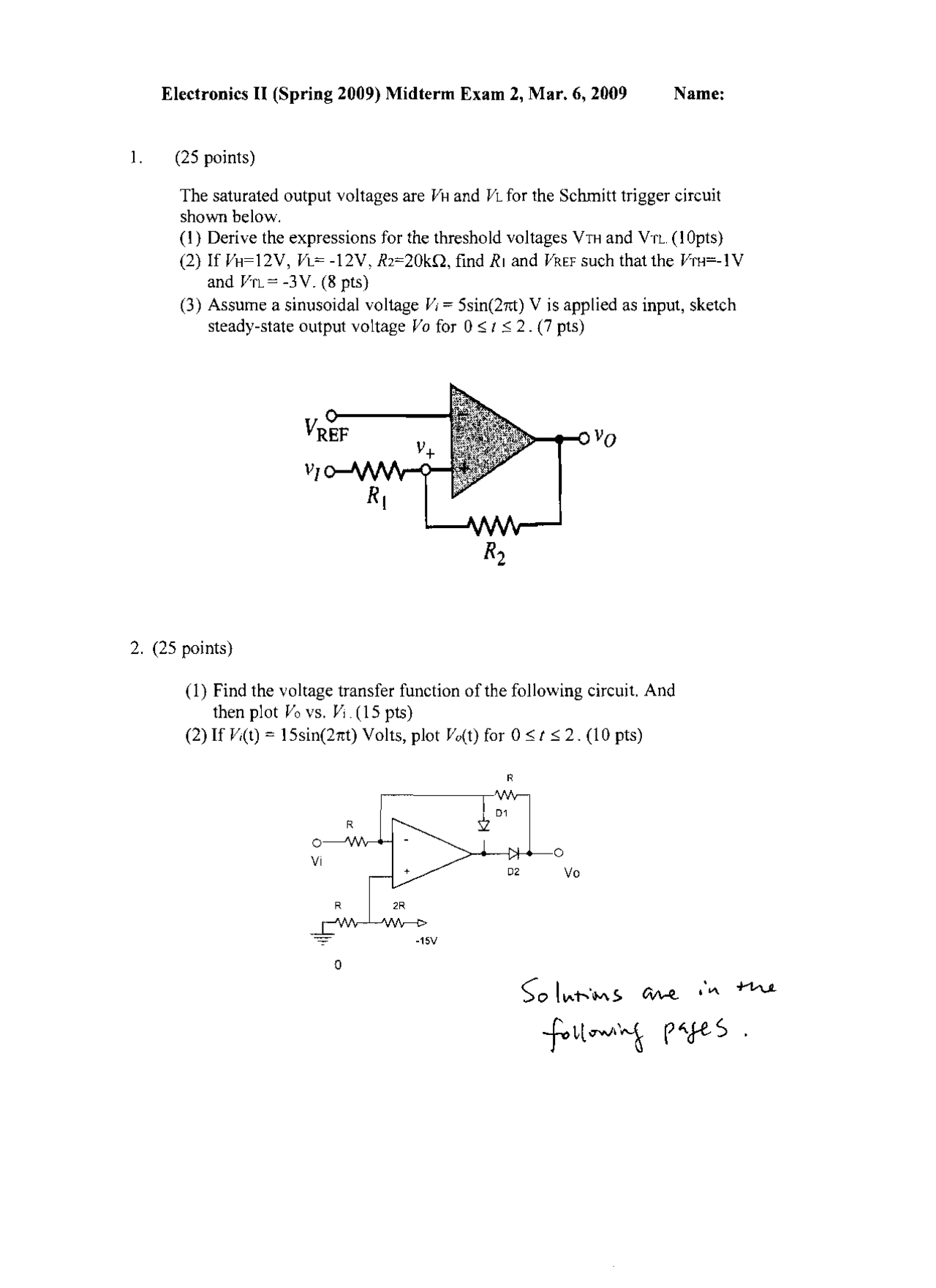 Midterm Exam 2 Questions Electronics Ii Eel 4309 Docsity