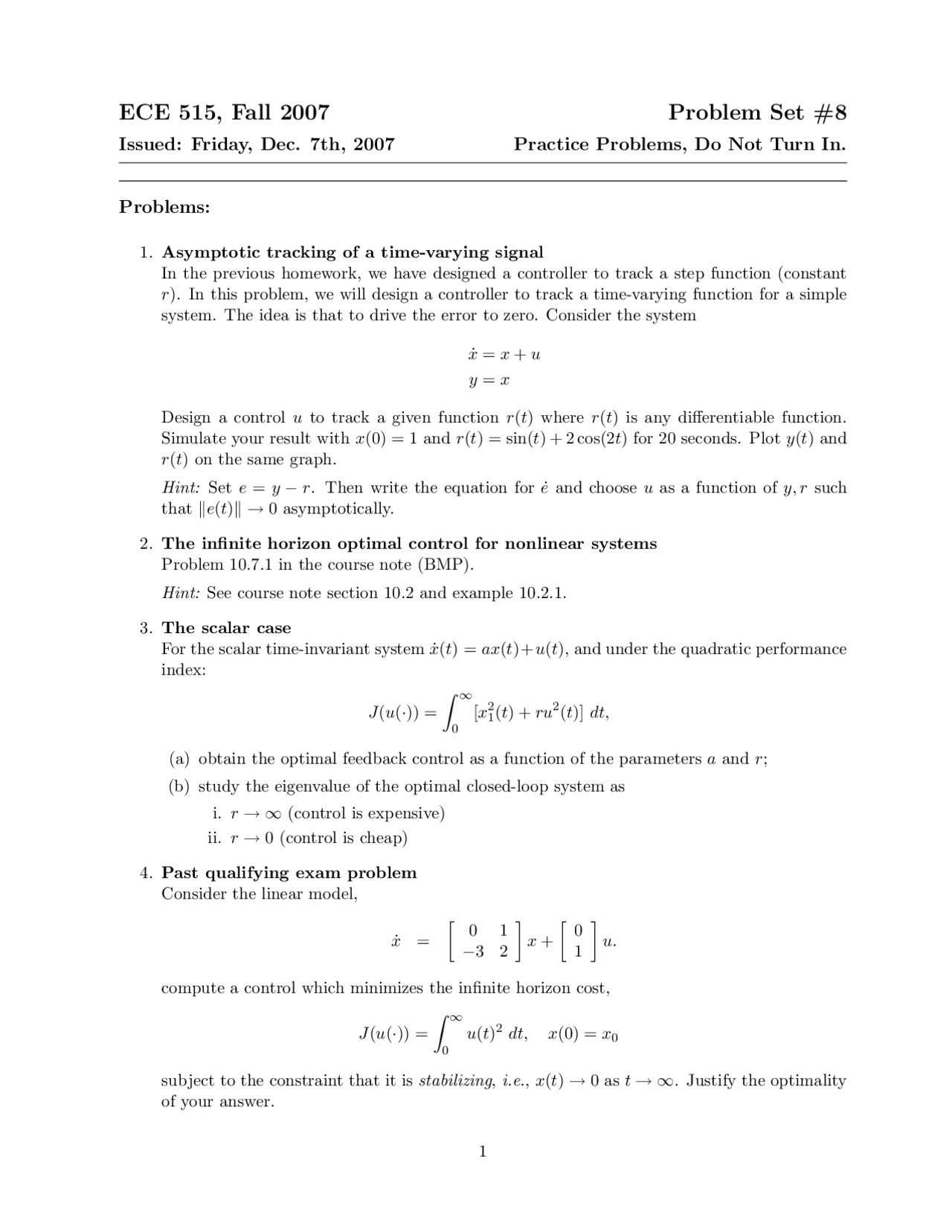 Problem Set 8 for Control System Theory and Design | ECE 515 - Docsity