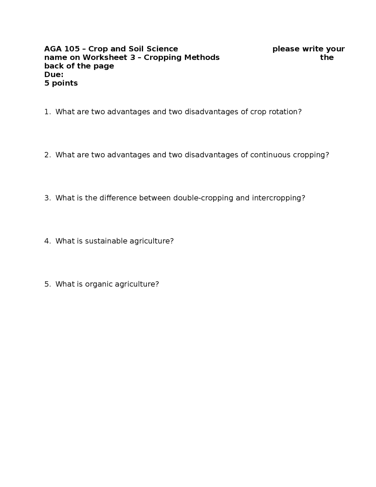 Cropping Methods - Soils and Crop Science - Worksheet 3 | AGA 105 - Docsity