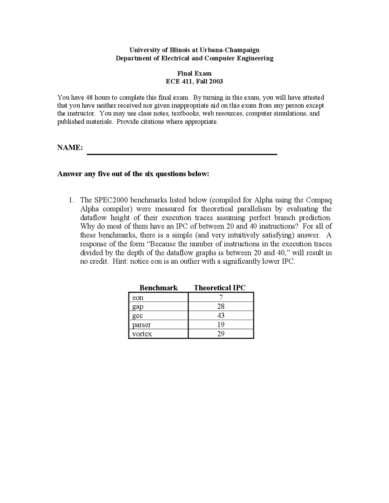 Final Exam Computer Organization And Design Ece 411 Docsity